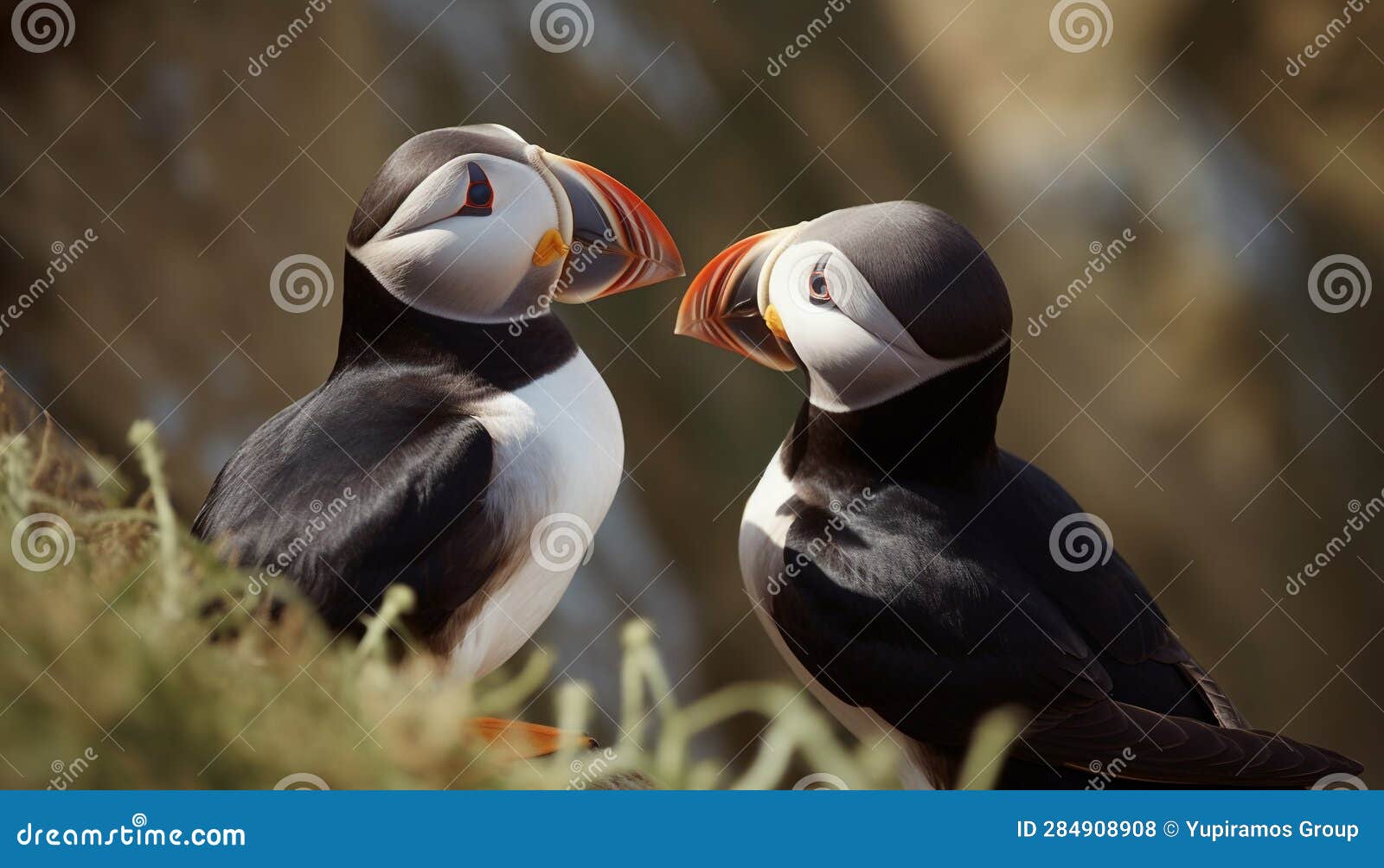 A Beautiful Puffin Pair Perching on a Branch, Looking at Camera ...