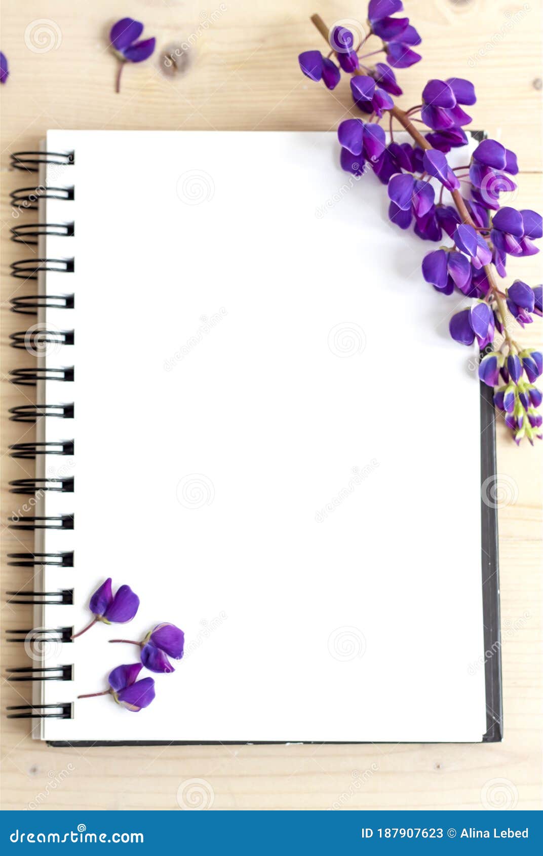 Beautiful Purple Flowers on a Notepad for Writing. Stock Image - Image ...