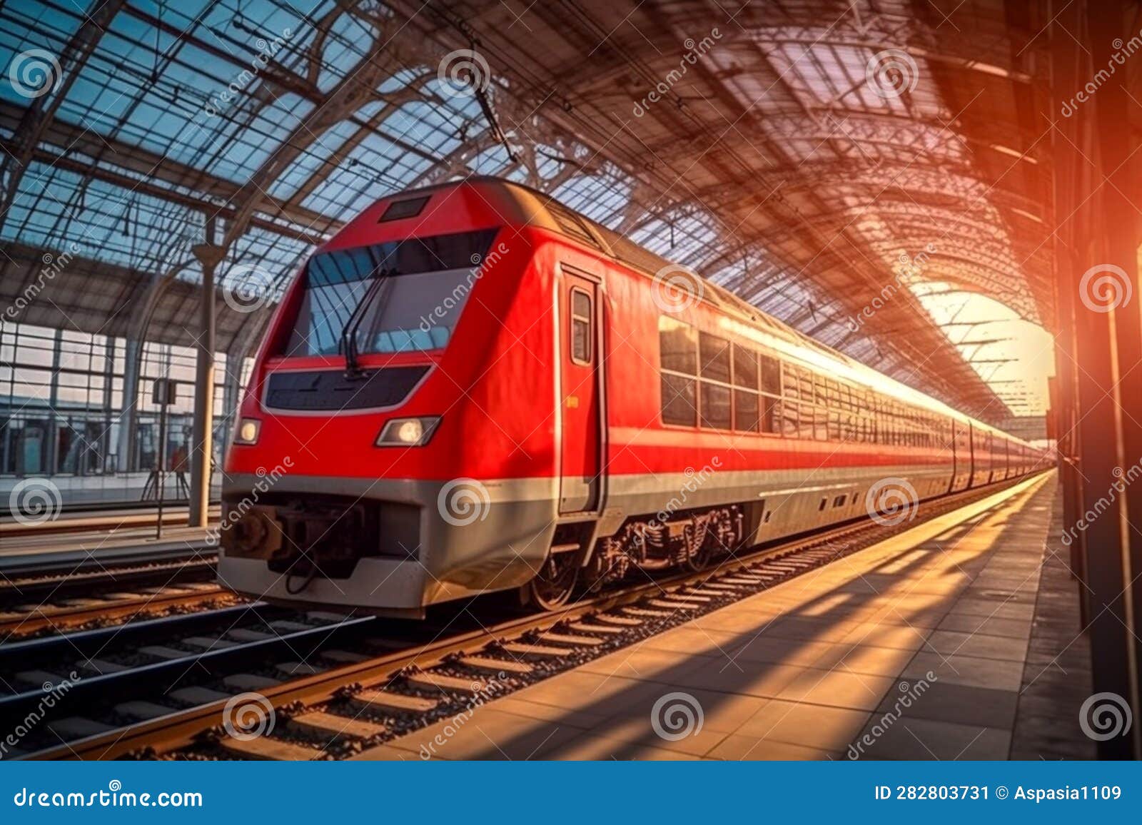 Beautiful Railway Station with Modern Red Commuter Train at Suns Stock ...