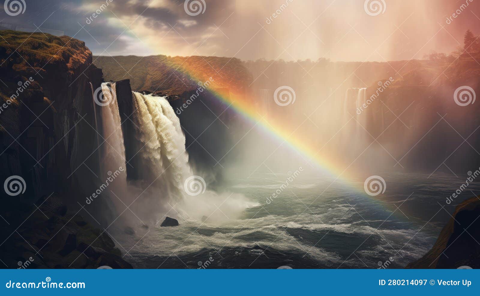 A Beautiful Rainbow Over a Waterfall. Generative AI Stock Illustration ...