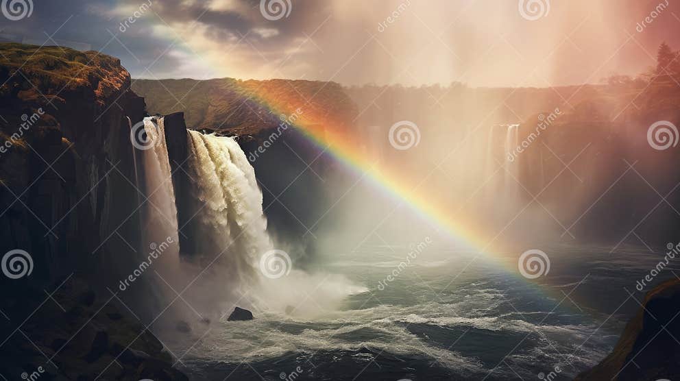 A Beautiful Rainbow Over a Waterfall. Generative AI Stock Illustration ...