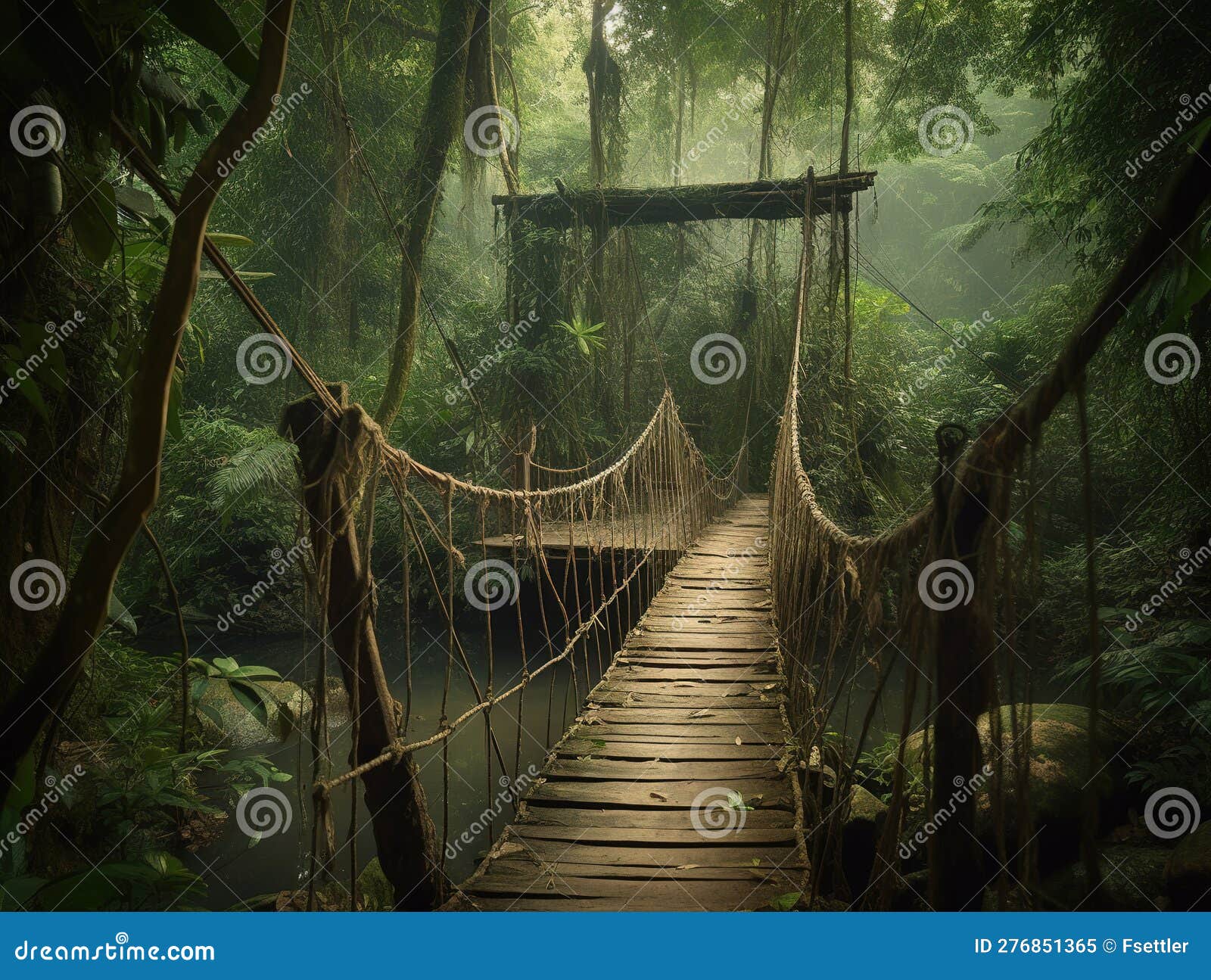 Beautiful Rainforest and Rope Bridge in Thailand. Stock Illustration ...