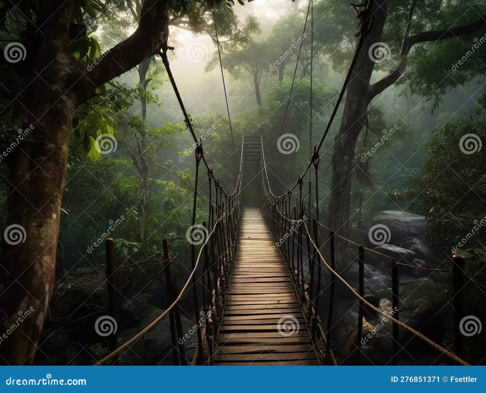 Beautiful Rainforest and Rope Bridge in Thailand. Stock Illustration ...