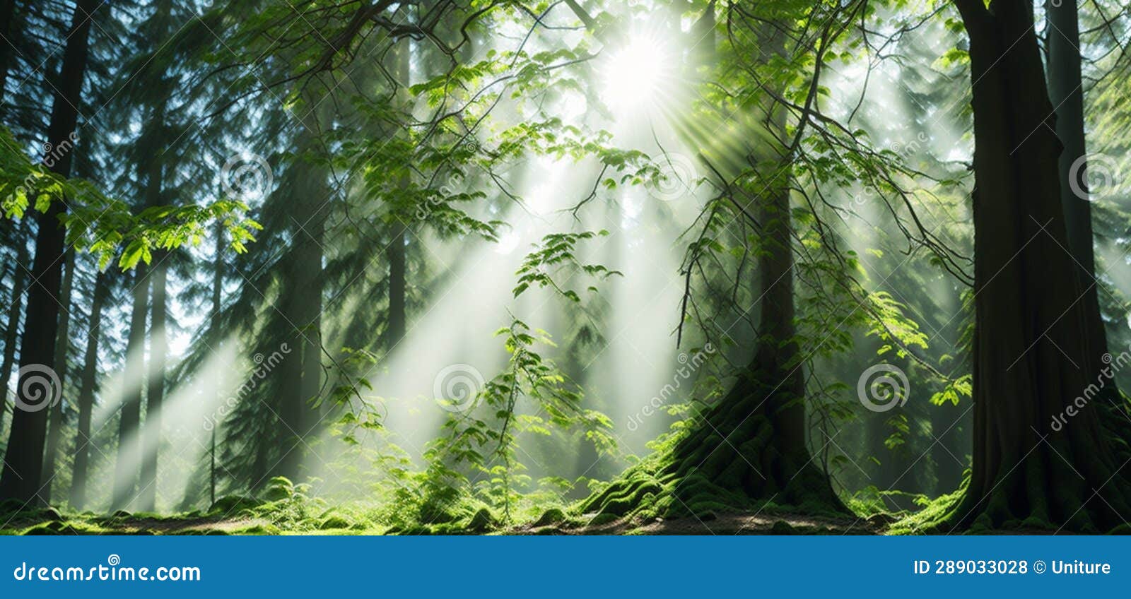 Beautiful Rays of Sunlight in a Green Forest Stock Photo - Image of ...