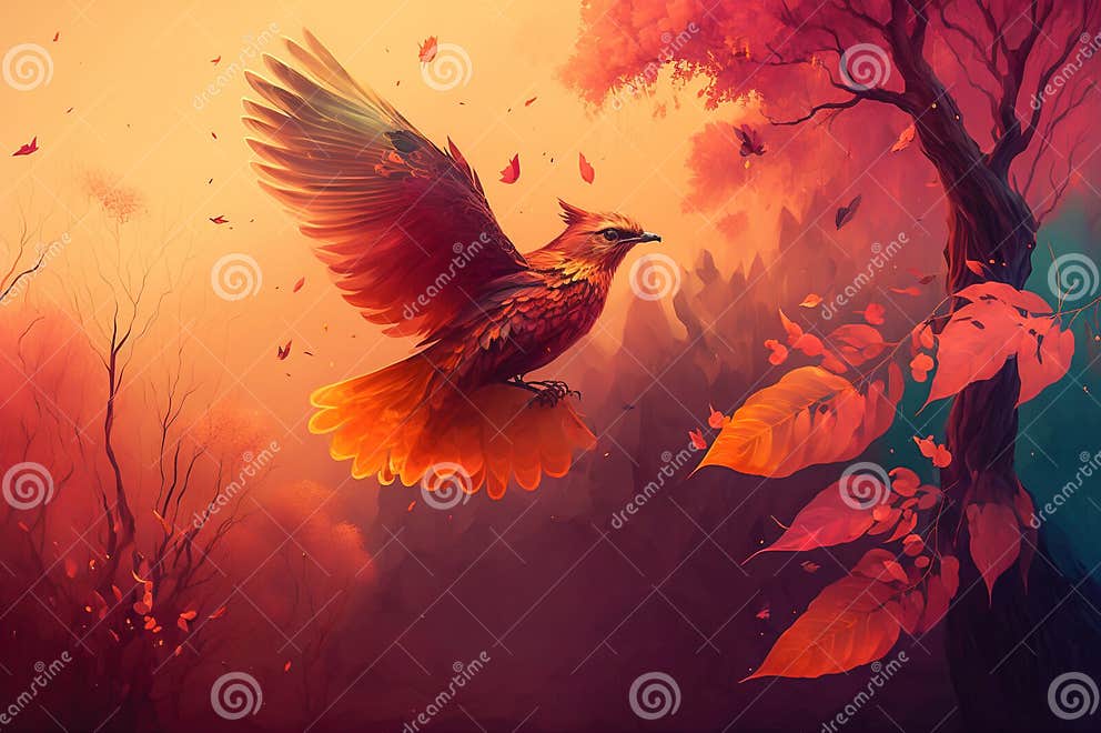 Paiting of a Beautiful Red Bird Flying Stock Illustration ...