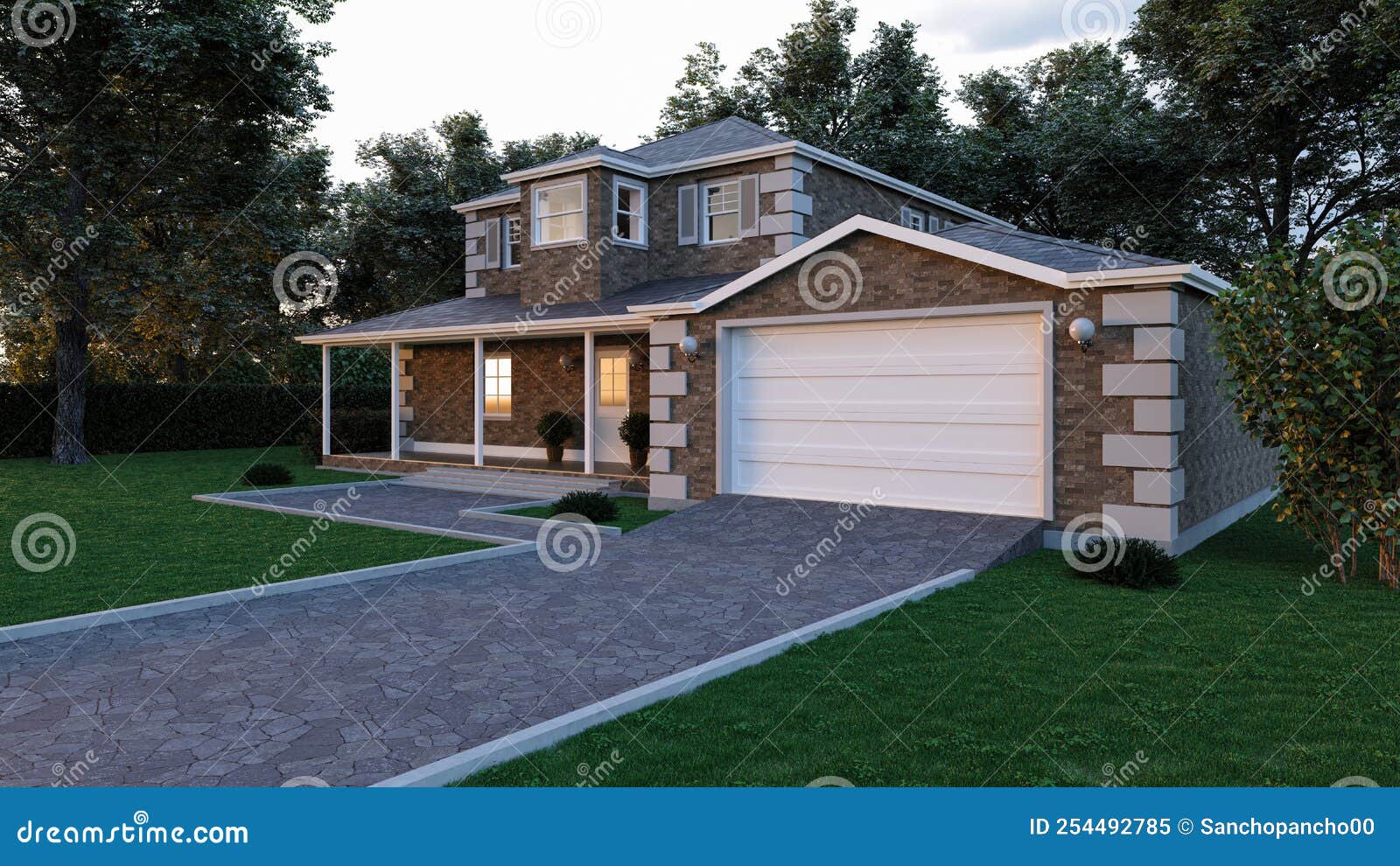 Beautiful Red Brick House. 3D Visualization of a House with a Landscape ...