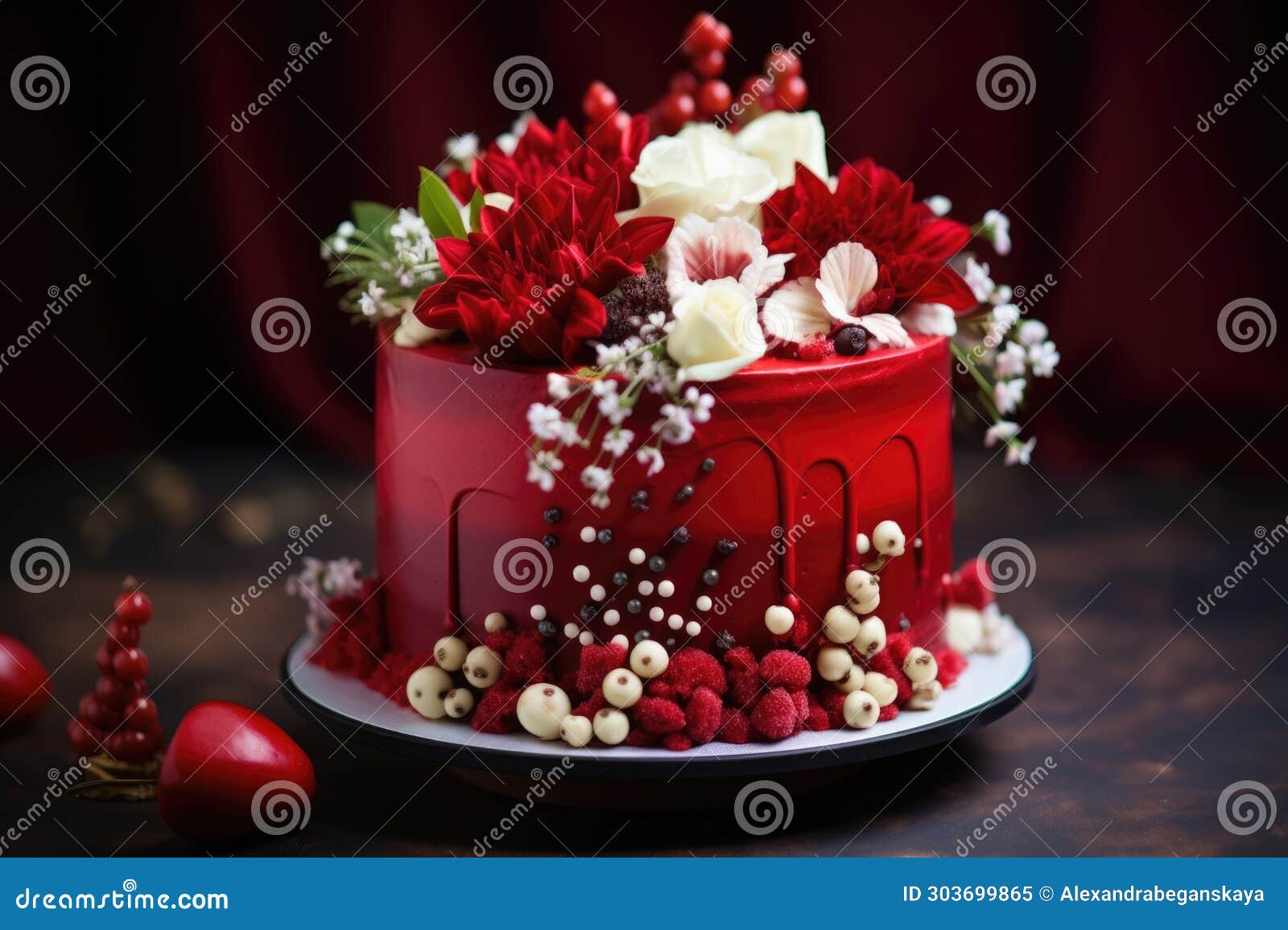 Beautiful Red Cake Decorated with Flowers Stock Illustration ...
