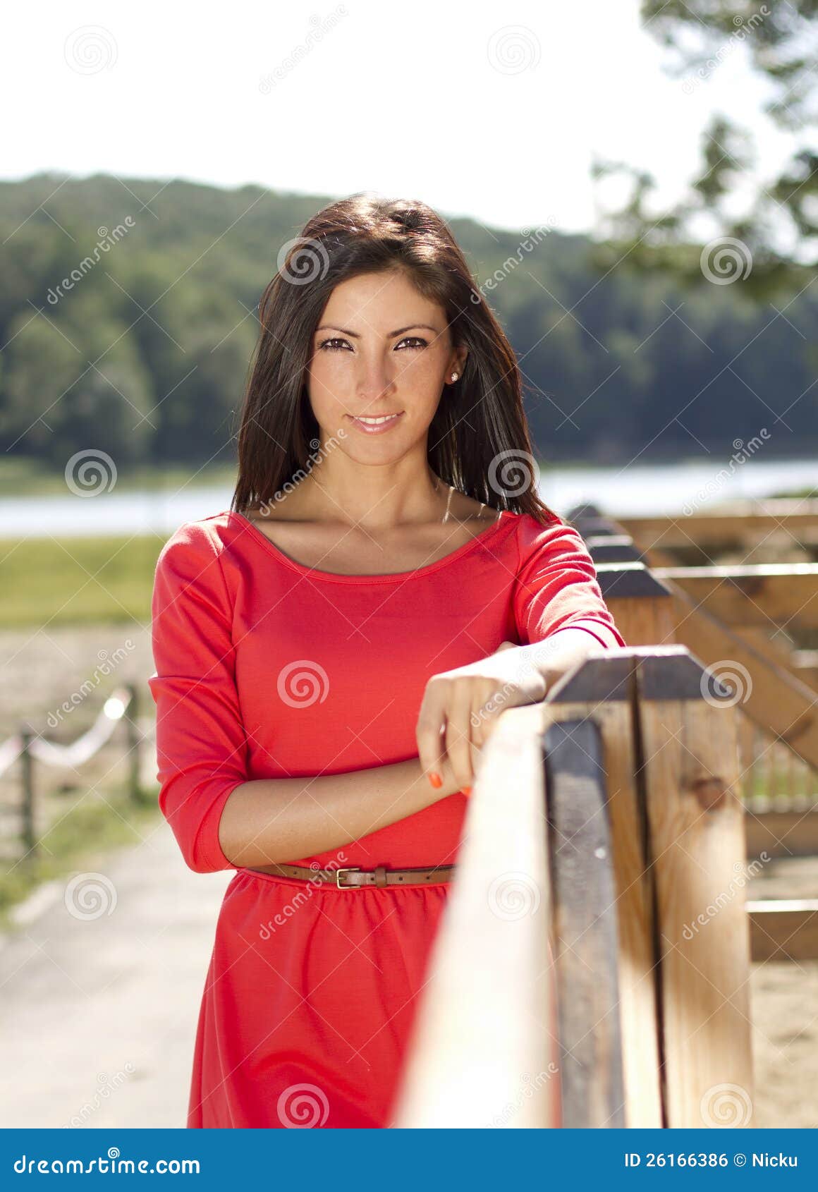 Beautiful Red Dressed Girl at a Farm Stock Photo - Image of face ...