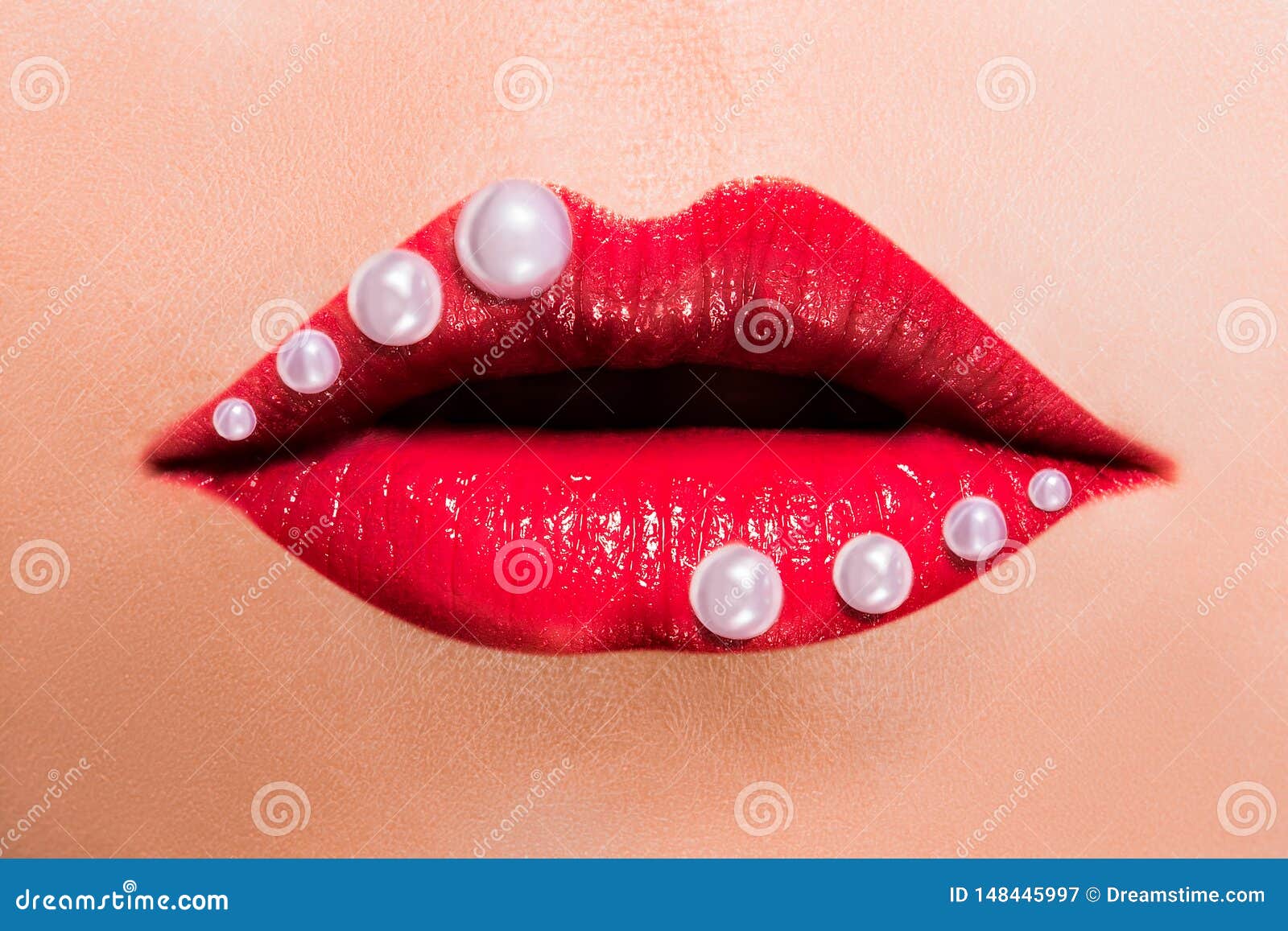 Beautiful Red Female Lips with Pearls Stock Image - Image of glossy ...