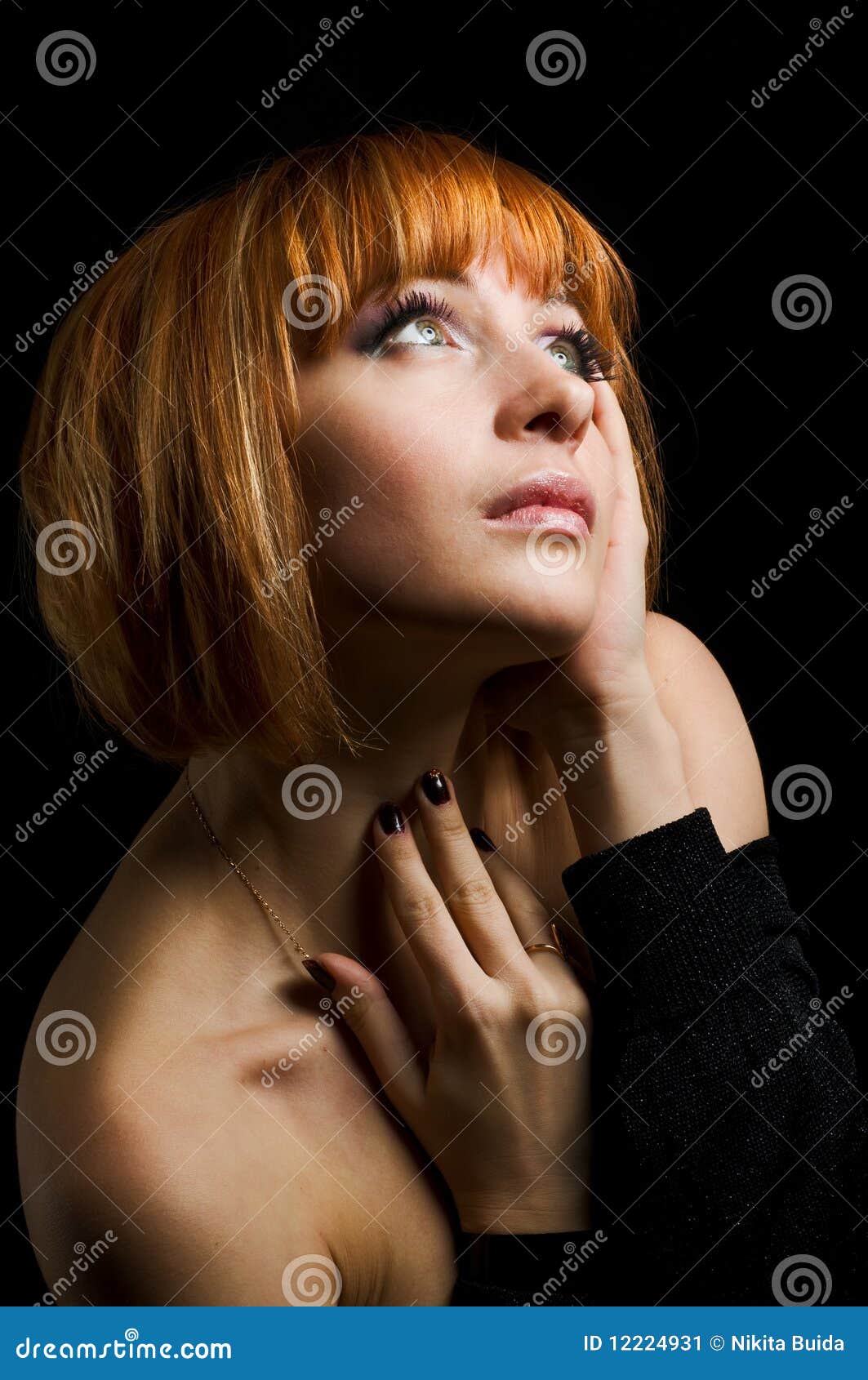 Beautiful Red Girl on Black Stock Image - Image of looking, active ...