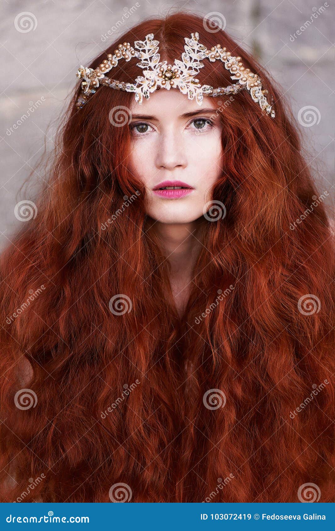 Beautiful Red Haired Girl With Long Curly Hair In The Bride In A Long