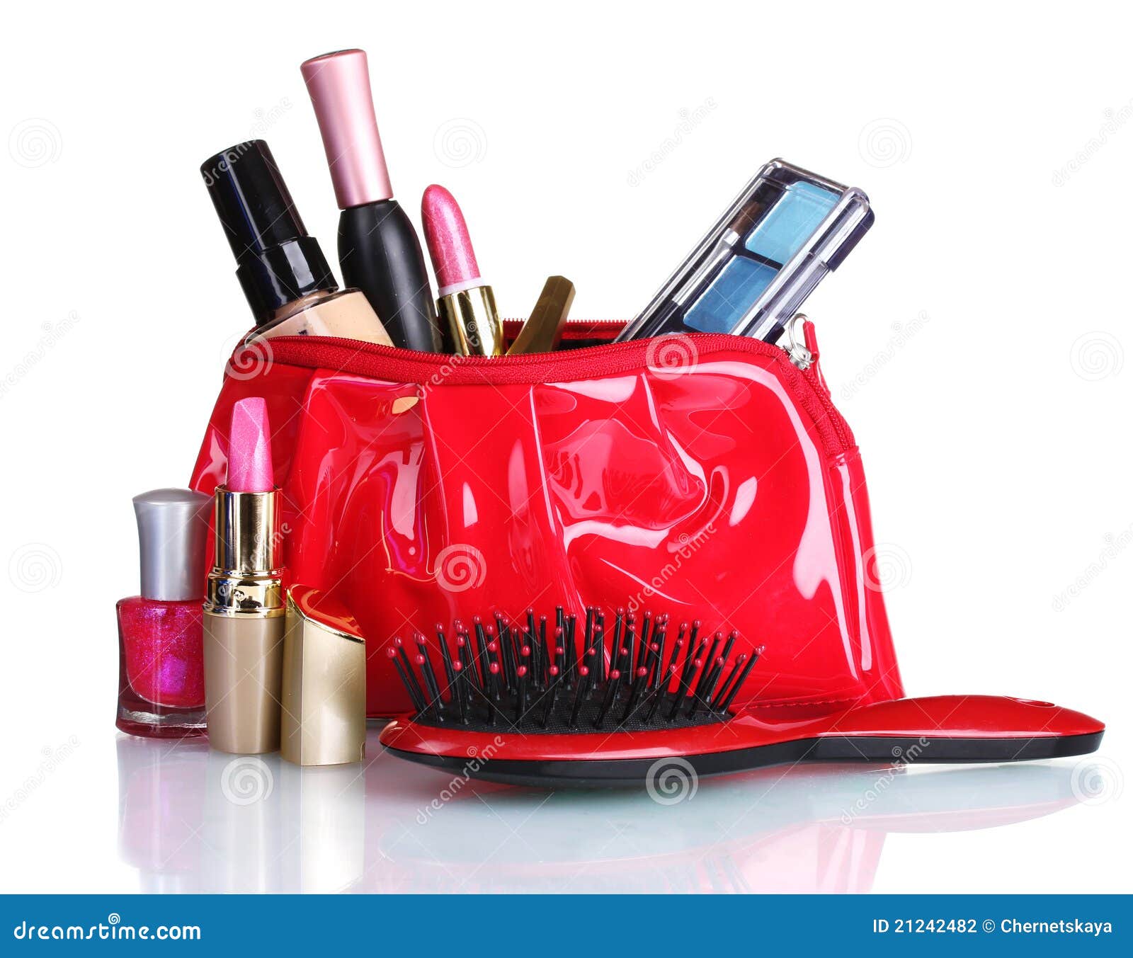 Beautiful Red Makeup Bag and Cosmetics Stock Photo - Image of ...