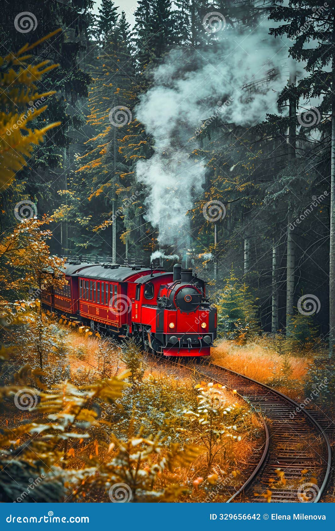 Beautiful Red Retro Train in a Forest Stock Photo - Image of railroad ...