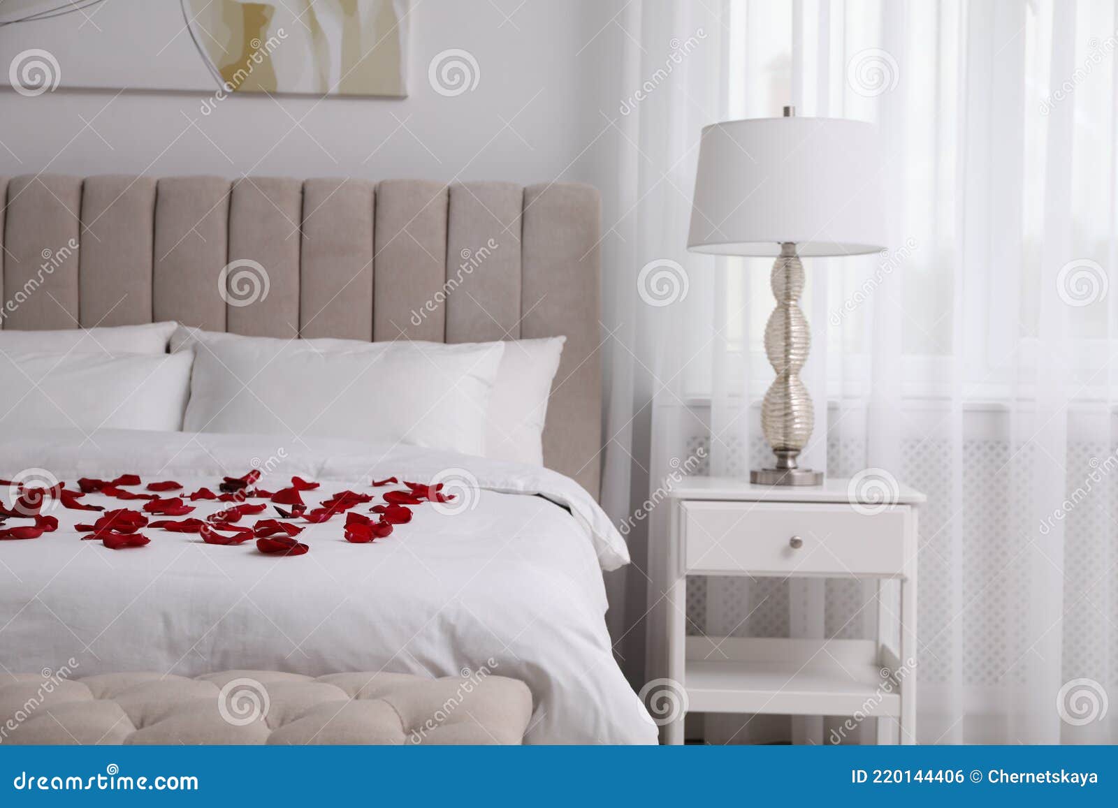 Beautiful Red Rose Petals on Bed in Room Stock Photo - Image of home ...