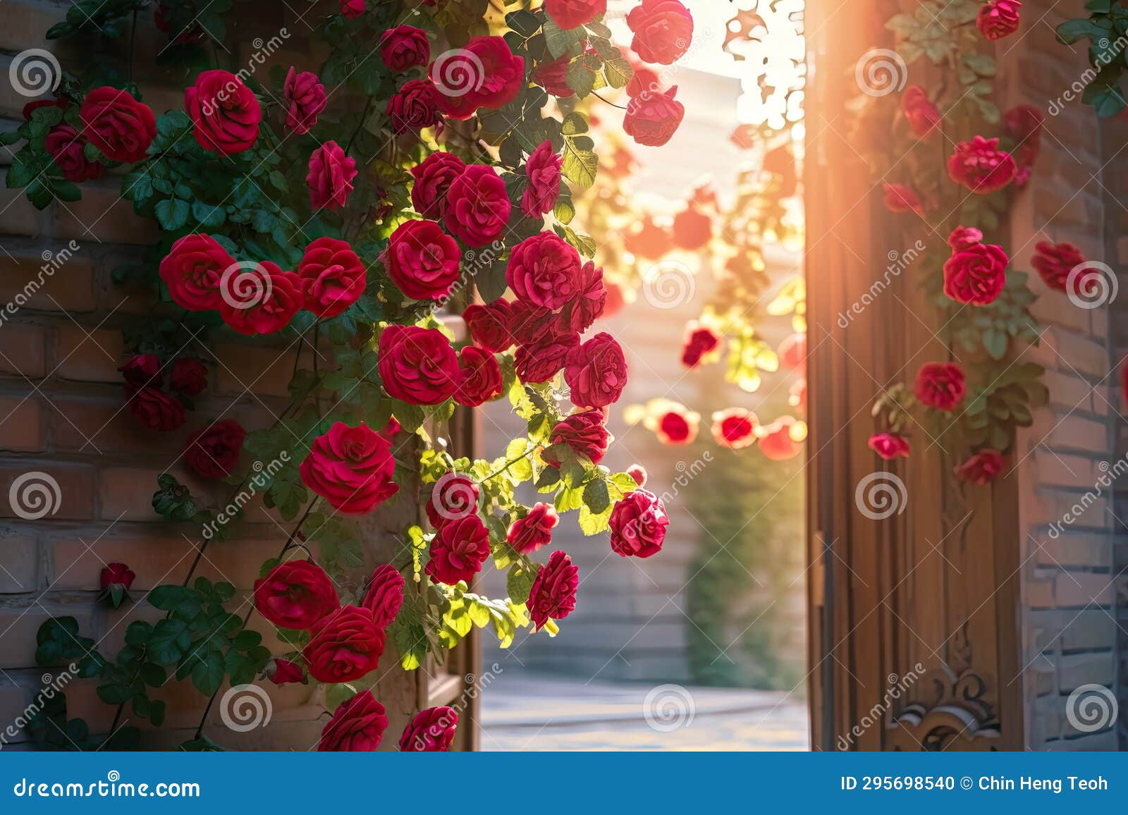 Beautiful Red Roses on the Wall of a House with Sunlight Stock ...