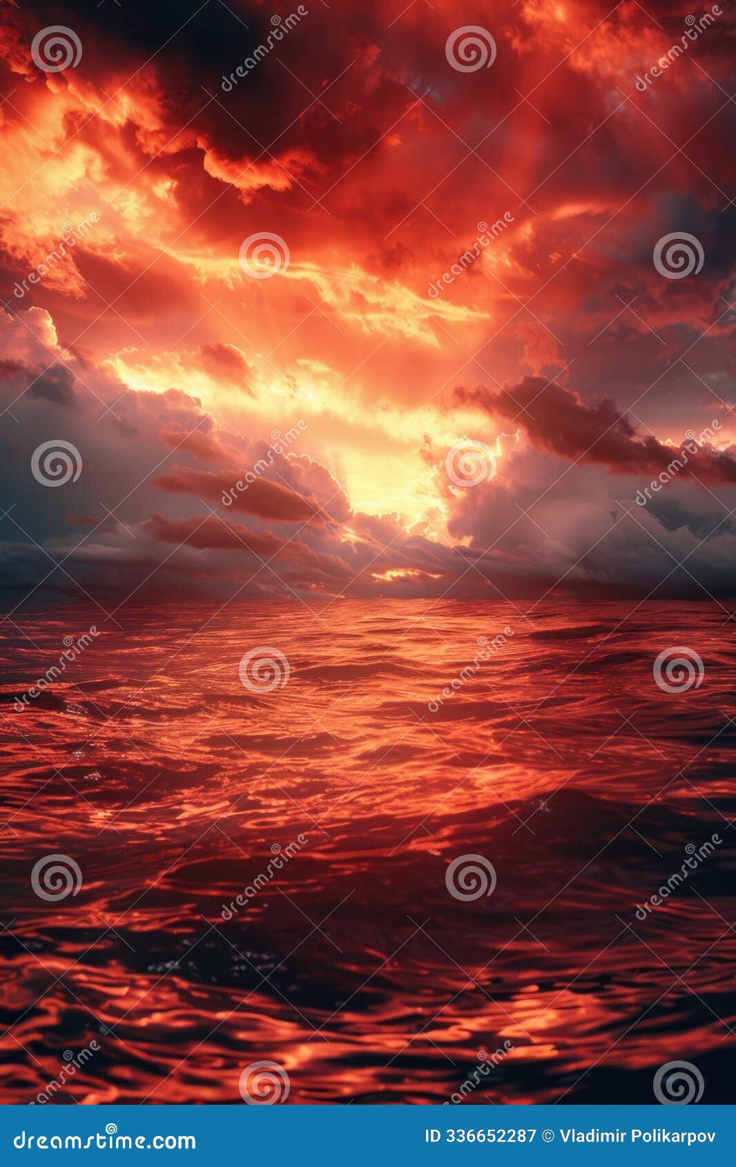 A Beautiful Red Sunset Over the Ocean with Fluffy Clouds Stock Image ...