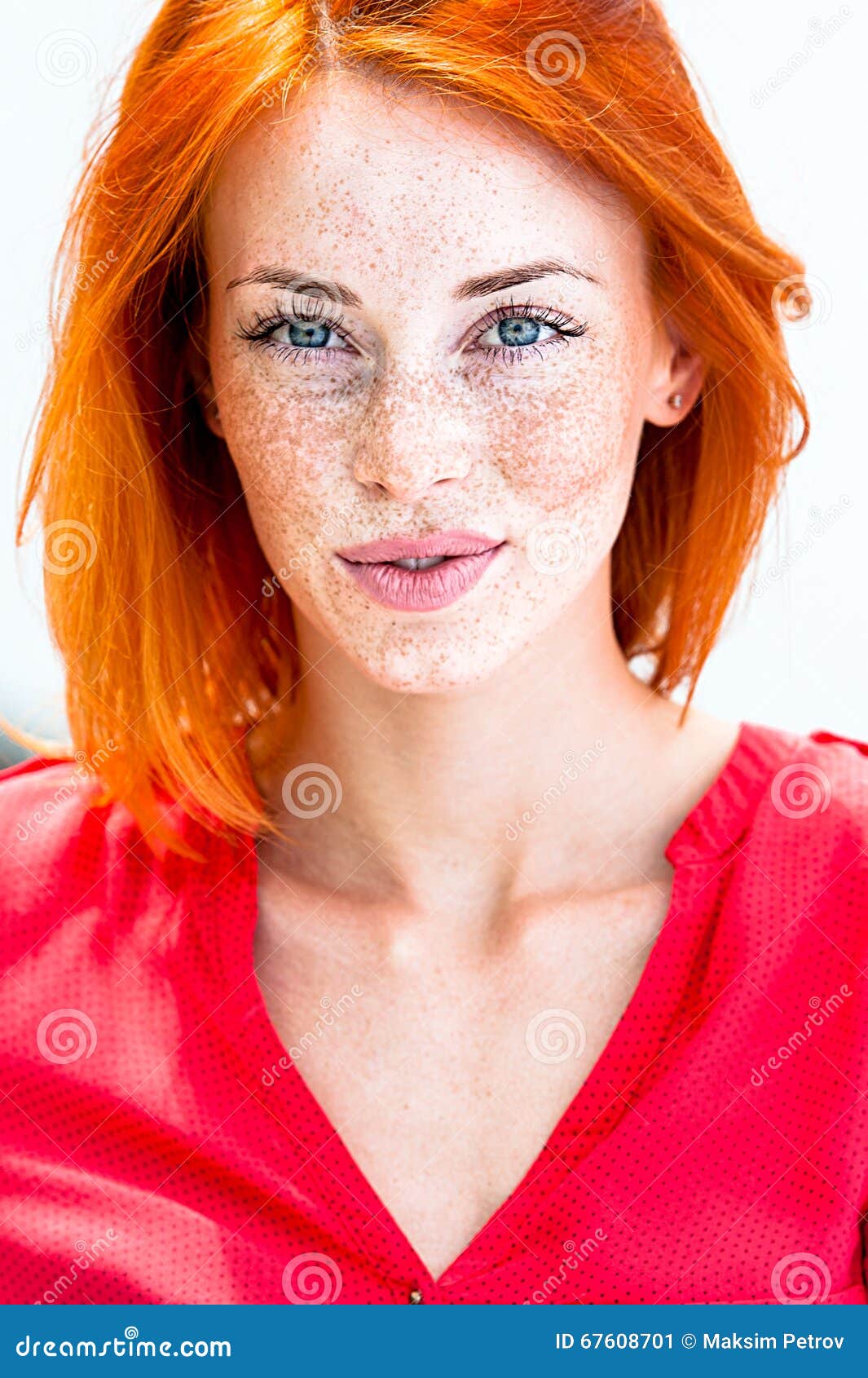 Beautiful Redhead Freckled Woman Smiling Seductive Biting Lips Stock