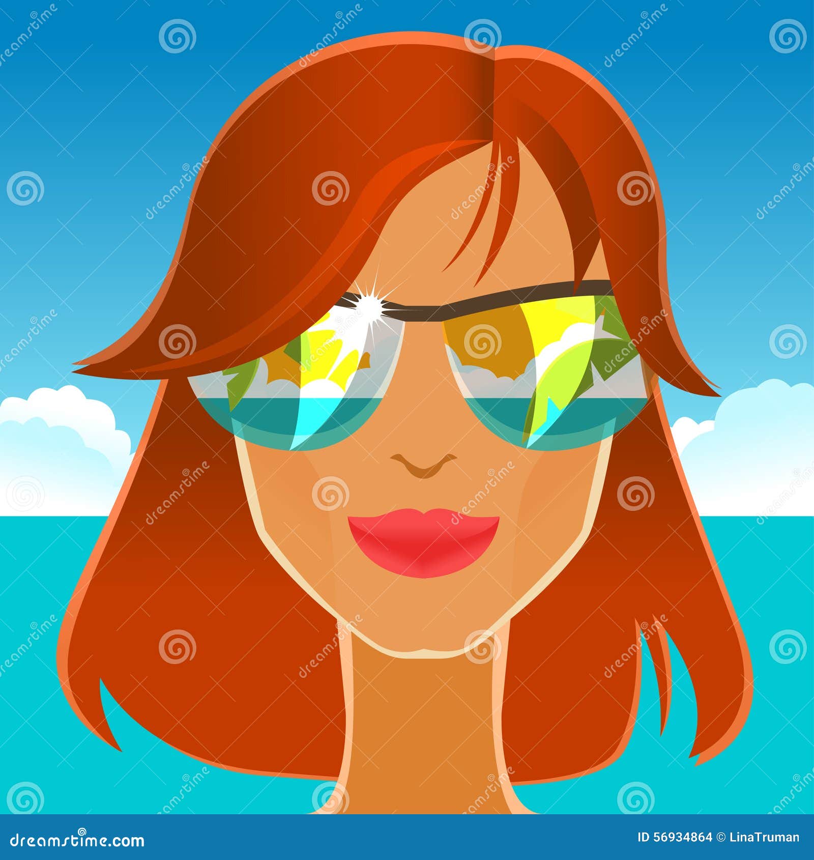 Beautiful Redhead Girl In Sunglasses On The Beach Stock Vector