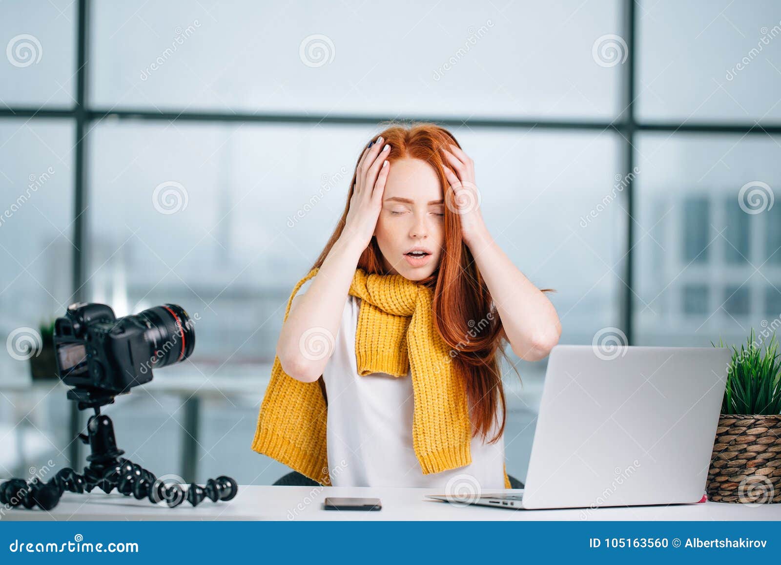 Beautiful Woman Tired after Making Video Stock Photo - Image of ...