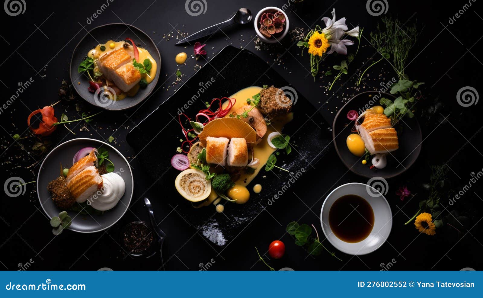 Beautiful Restaurant Food on a Black Background. Generative AI, Stock ...