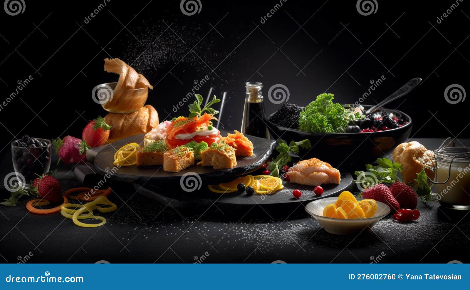 Beautiful Restaurant Food on a Black Background. Generative AI, Stock ...