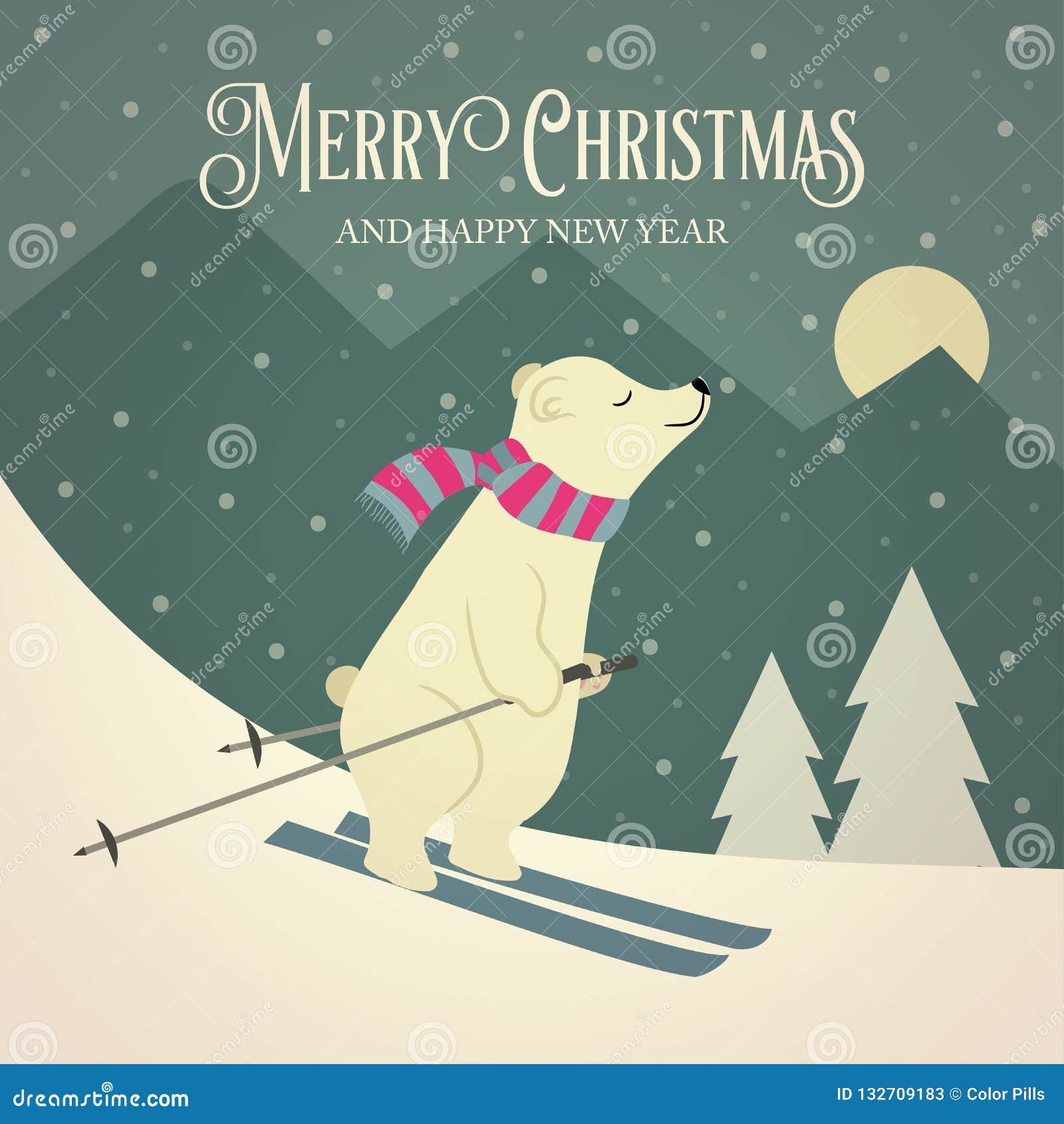 Beautiful Retro Christmas Card With Polar Bear Stock Vector