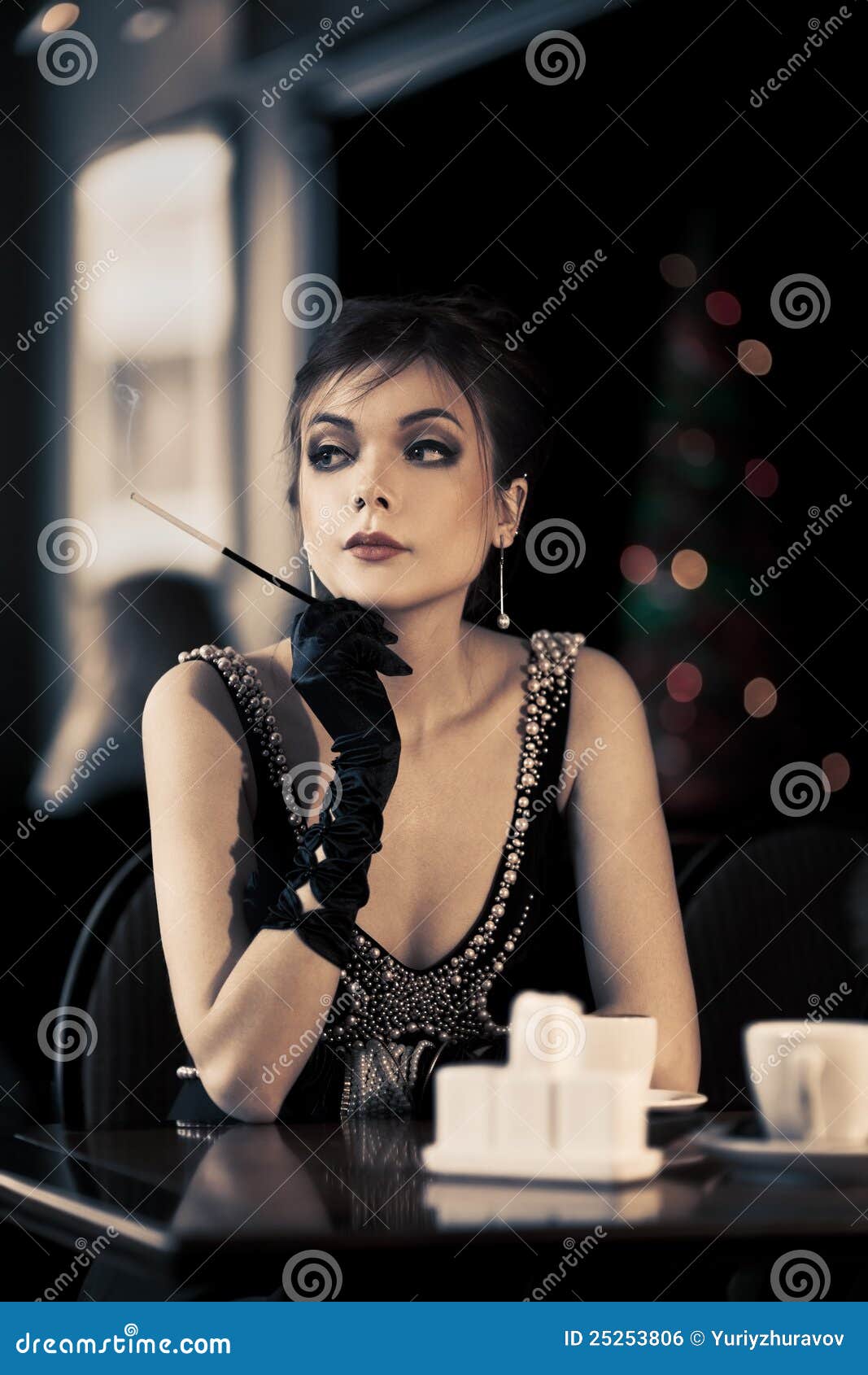 Beautiful Retro Lady in Cafe Stock Photo - Image of interior, hand ...