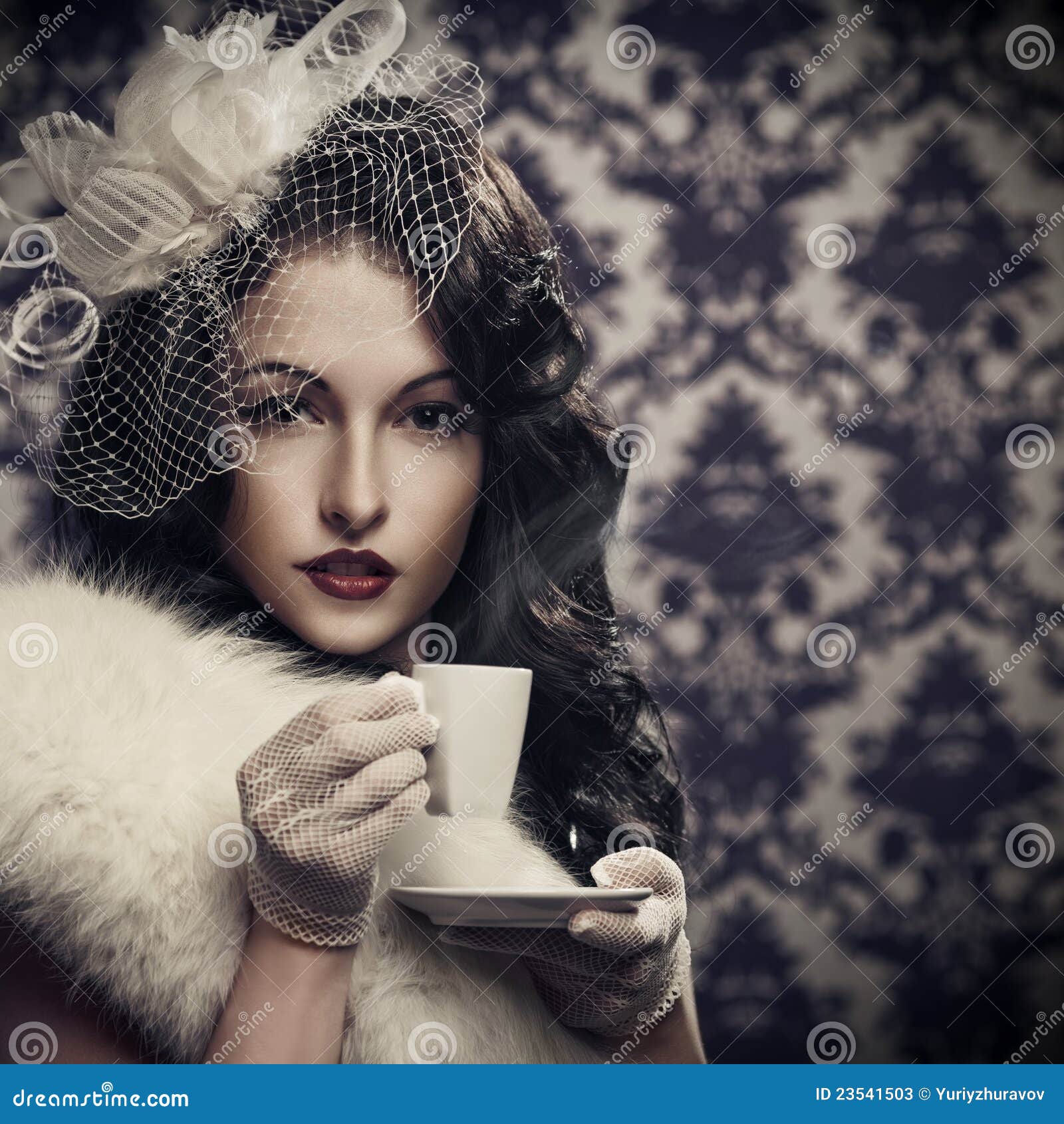 Beautiful Retro Lady Drinking Coffee Stock Image - Image of elegance ...
