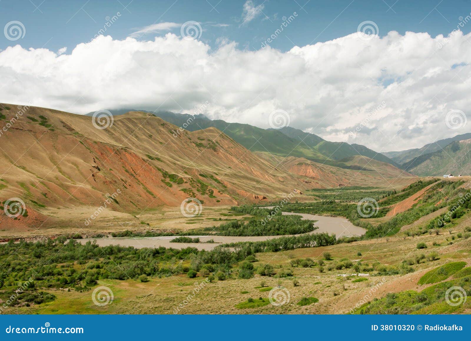 Beautiful River Flows in the Green Valley at the Central Asian ...