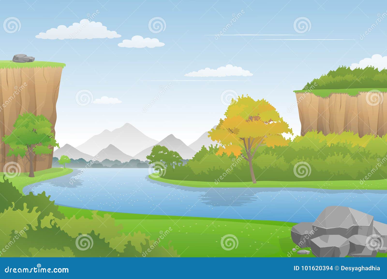 Beautiful River Scenery between Cliffs, Vector Illustration Stock ...