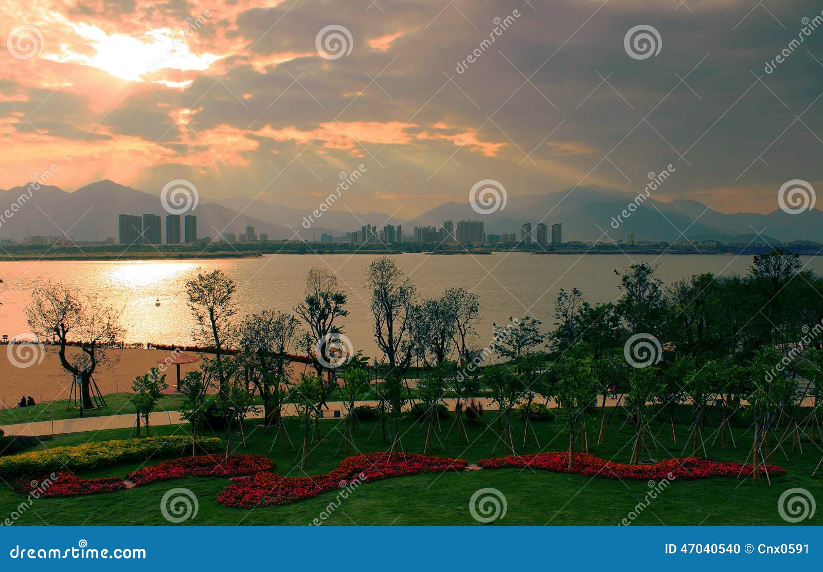 The Beautiful Riverside Scenery Stock Photo - Image of trees, shrubs ...