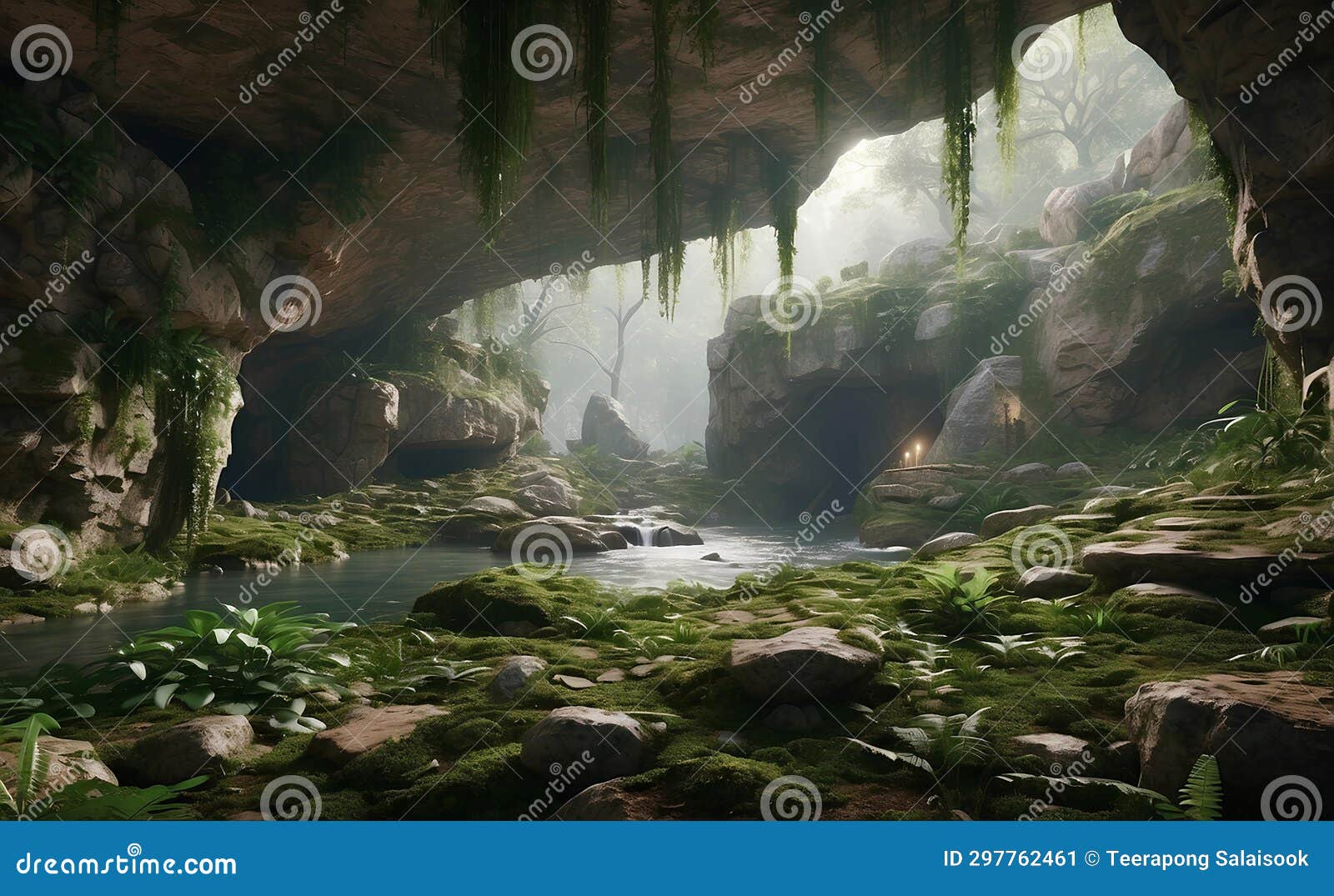 A Beautiful Rock Cave with Moss and Plants Stock Illustration ...