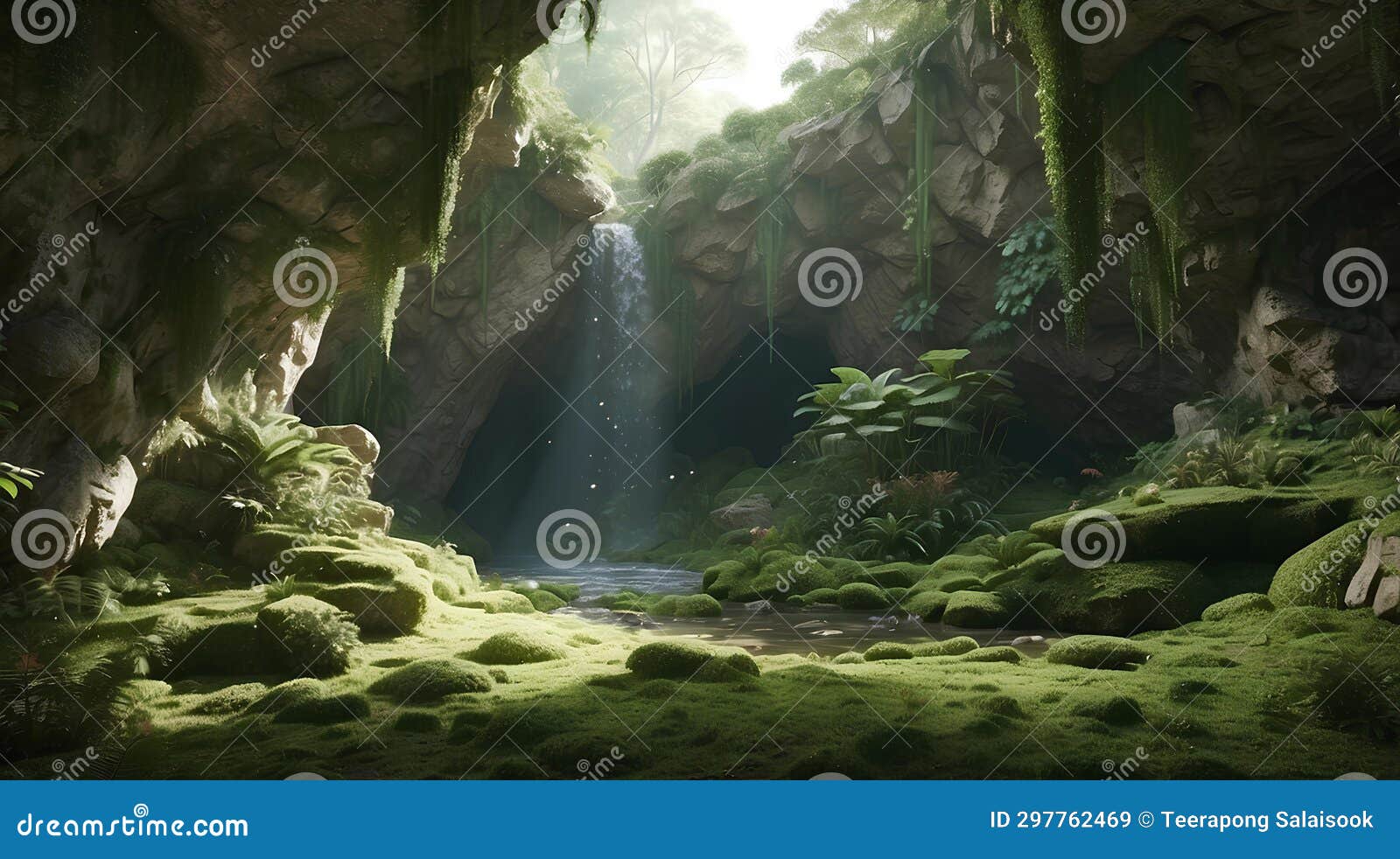 A Beautiful Rock Cave with Moss and Plants Stock Illustration ...