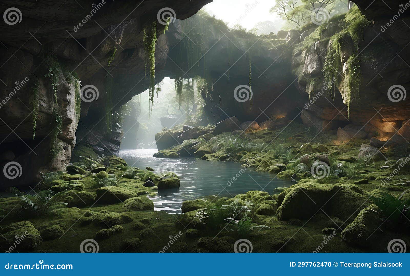 A Beautiful Rock Cave with Moss and Plants Stock Illustration ...
