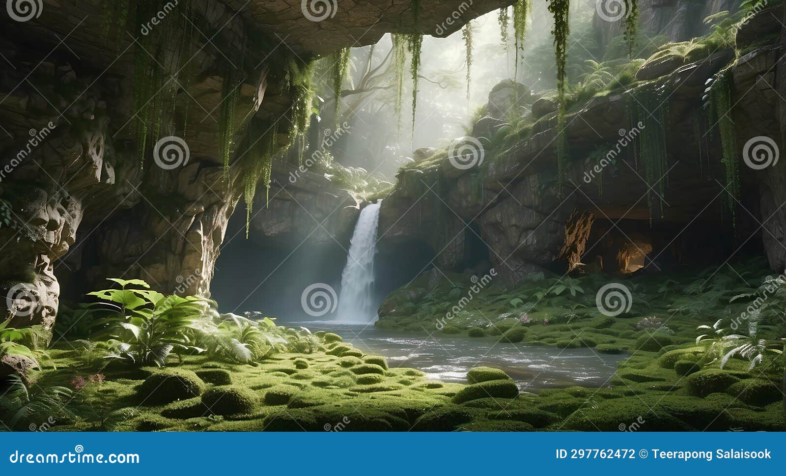 A Beautiful Rock Cave with Moss and Plants Stock Illustration ...