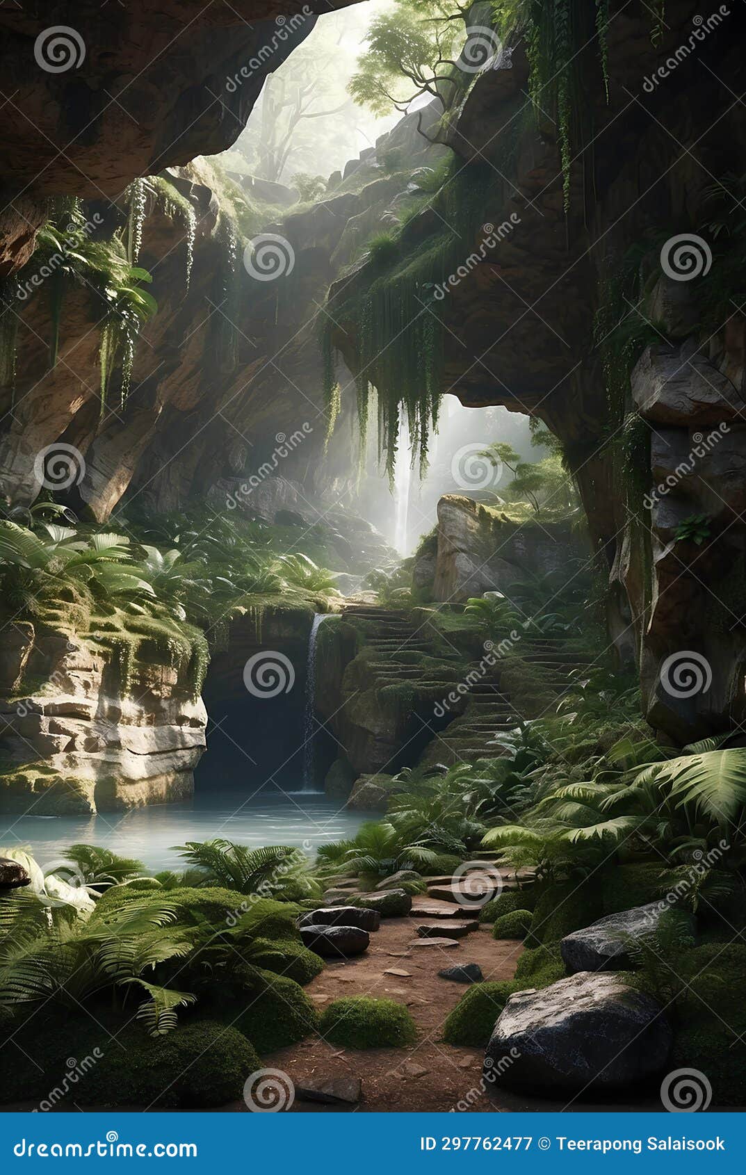 A Beautiful Rock Cave with Moss and Plants Stock Illustration ...