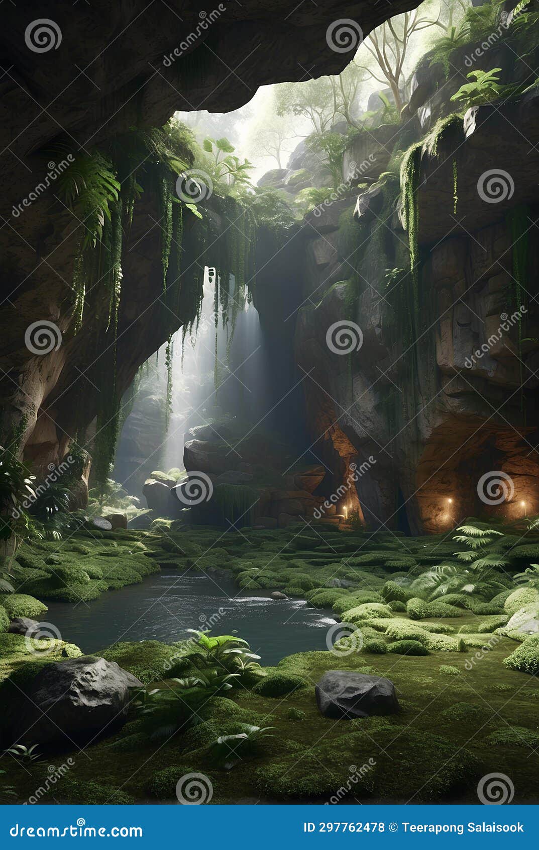 A Beautiful Rock Cave with Moss and Plants Stock Illustration ...