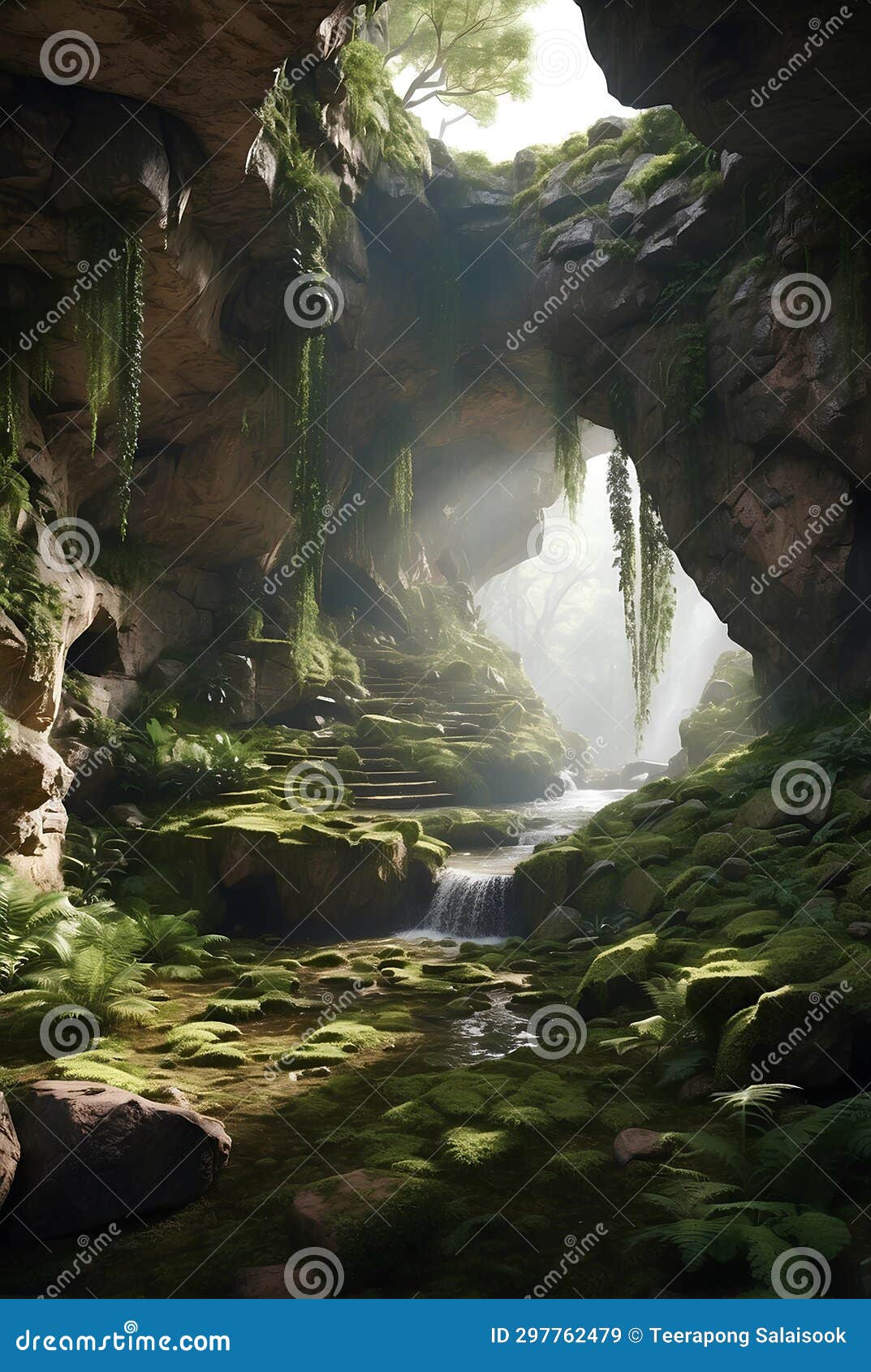 A Beautiful Rock Cave with Moss and Plants Stock Illustration ...