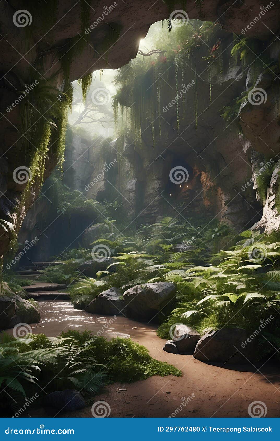 A Beautiful Rock Cave with Moss and Plants Stock Illustration ...