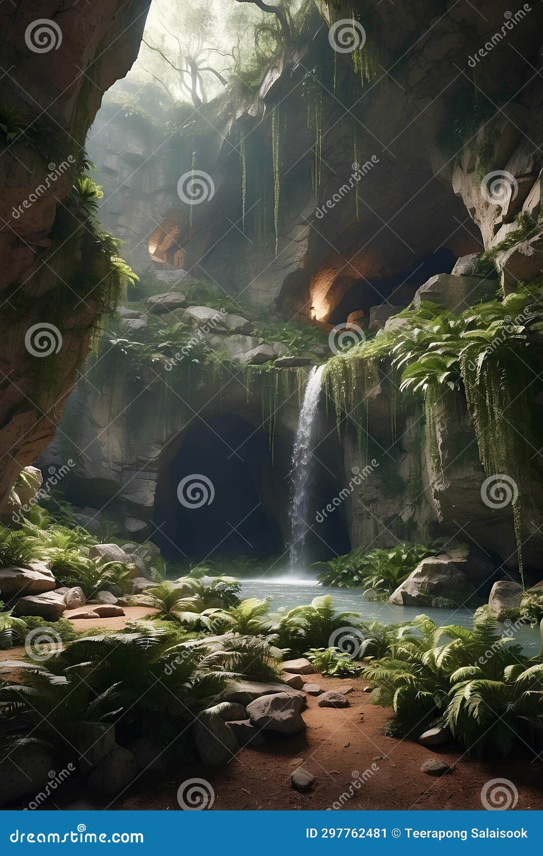 A Beautiful Rock Cave with Moss and Plants Stock Illustration ...