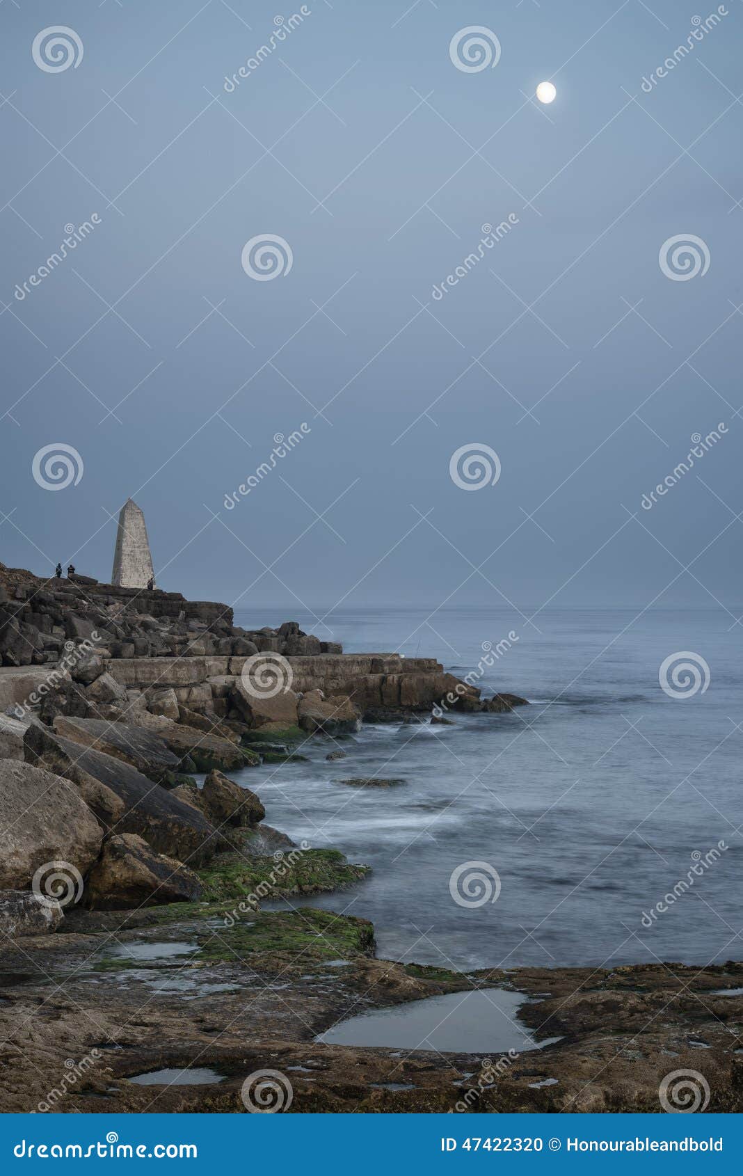 Beautiful Rocky Cliff Landscape with Moon Over Ocean Stock Photo ...