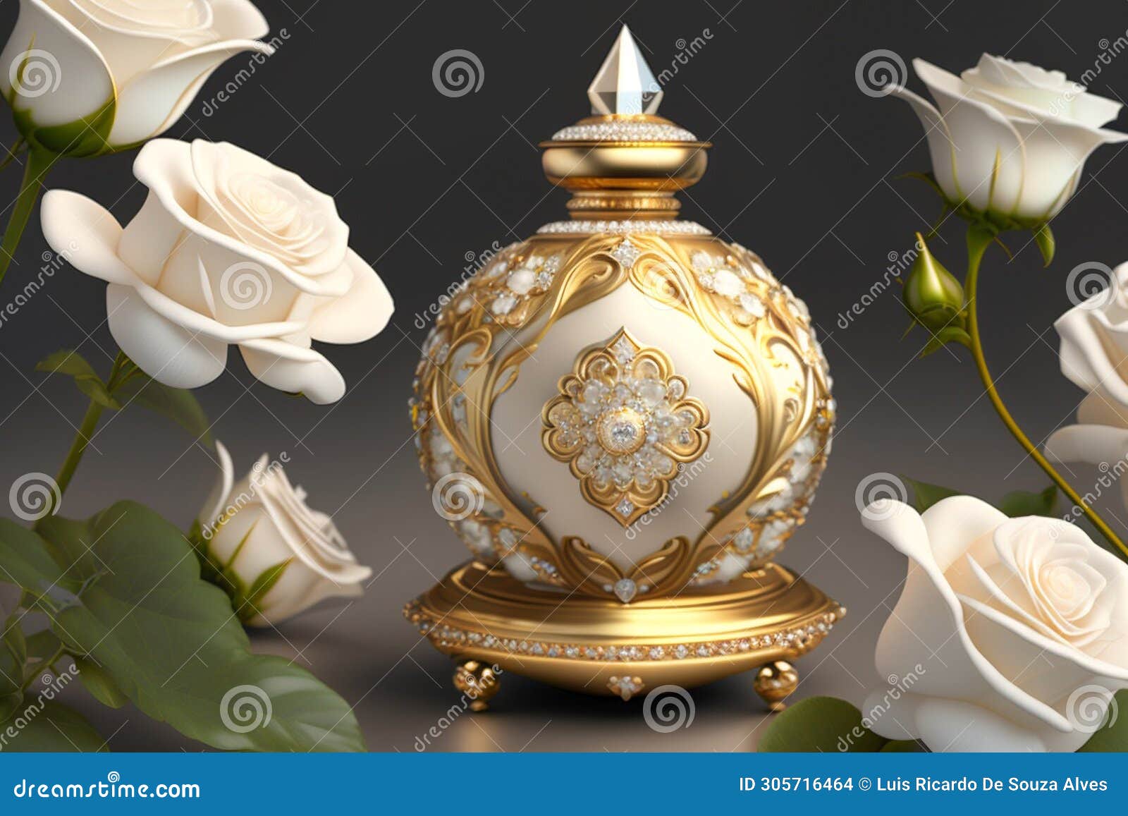A Beautiful Rococo Style Perfume Bottle, Surrounded by White Roses ...