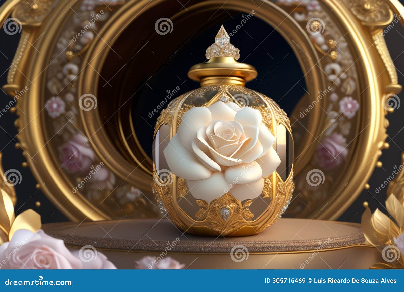 A Beautiful Rococo Style Perfume Bottle, Surrounded by White Roses ...