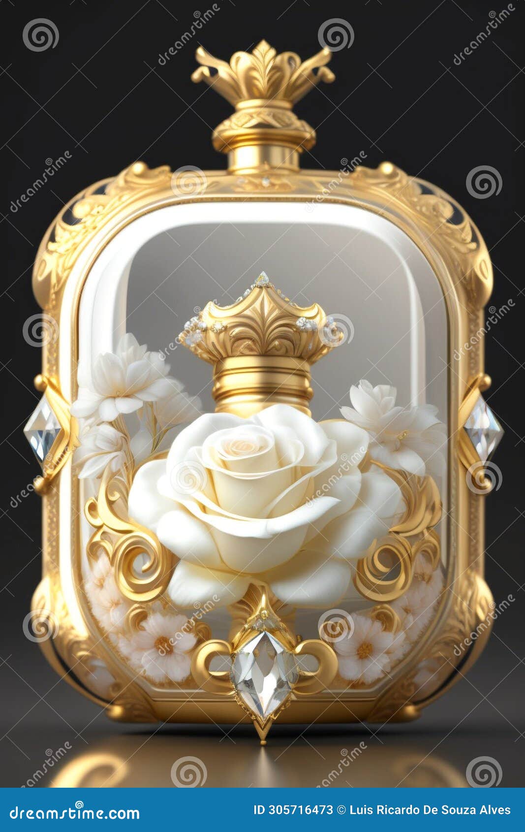 A Beautiful Rococo Style Perfume Bottle, Surrounded by White Roses ...