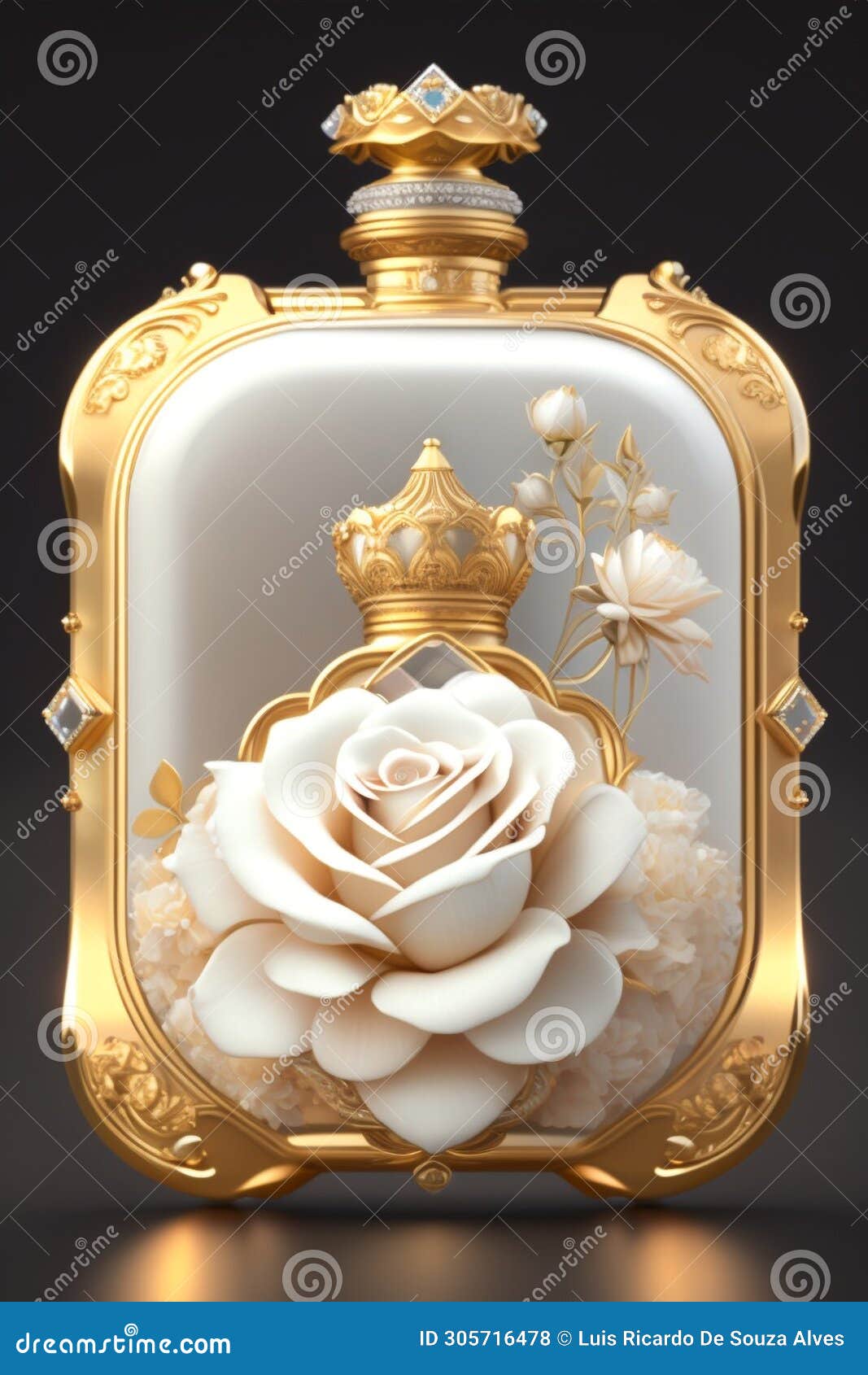 A Beautiful Rococo Style Perfume Bottle, Surrounded by White Roses ...