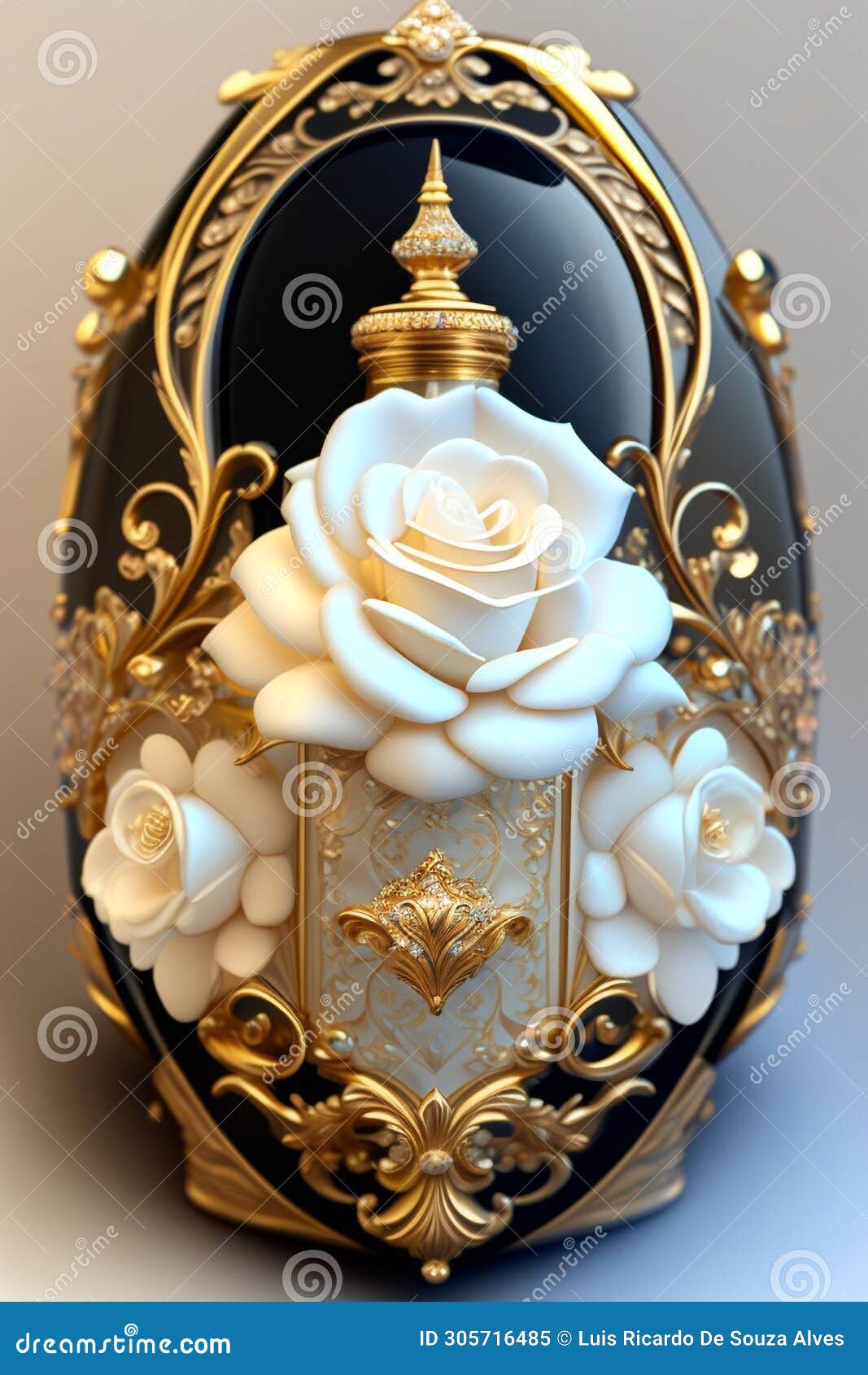 A Beautiful Rococo Style Perfume Bottle, Surrounded by White Roses ...