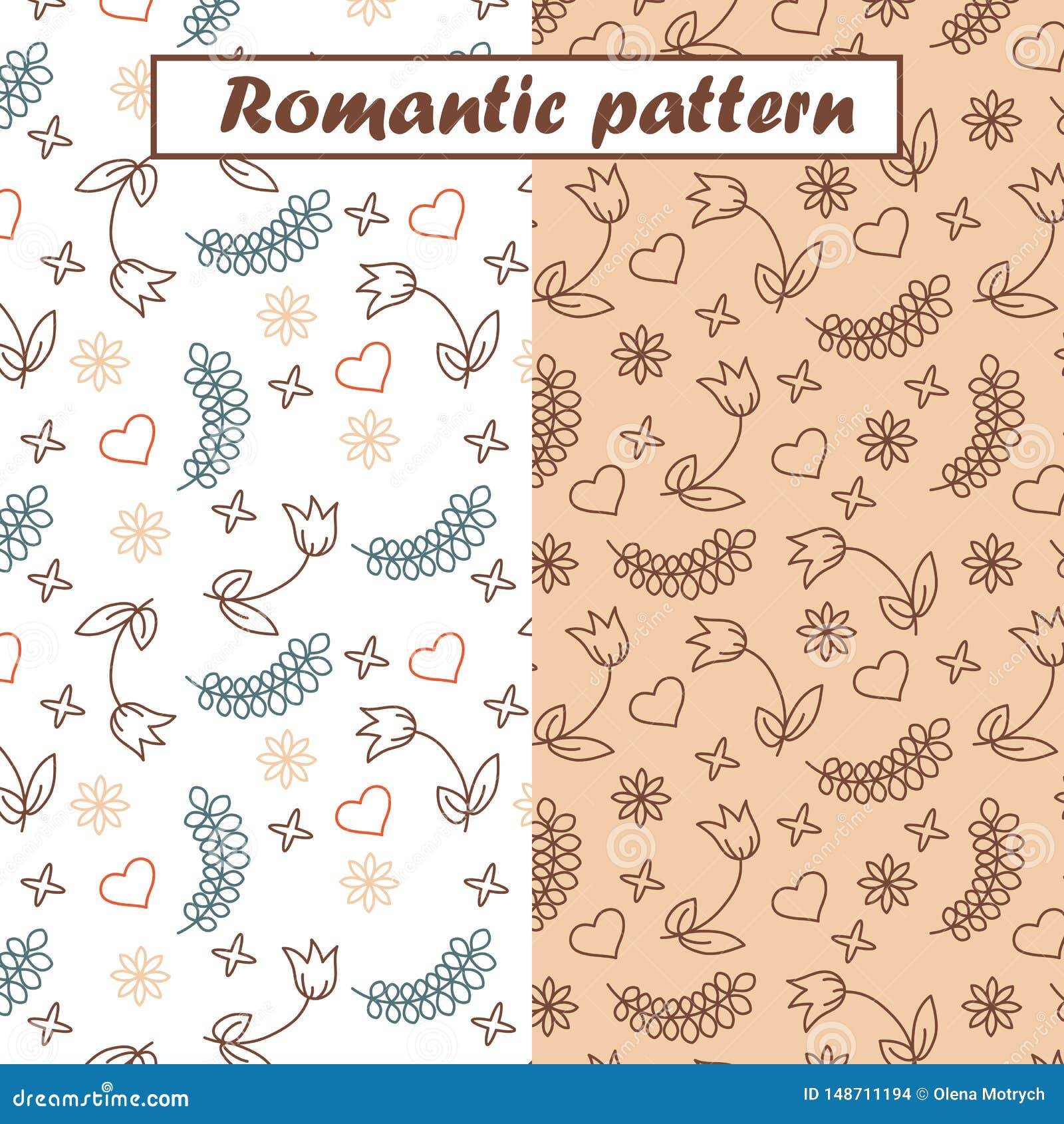 Beautiful Romantic Patterns Set with Flowers, Hearts and Leaves. Stock ...