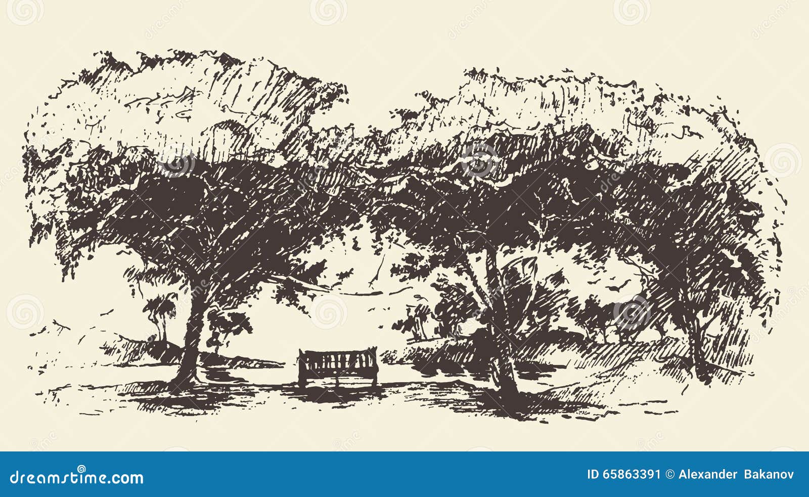 Romantic Tree With Bench Drawn Sketch Cartoon Vector | CartoonDealer ...