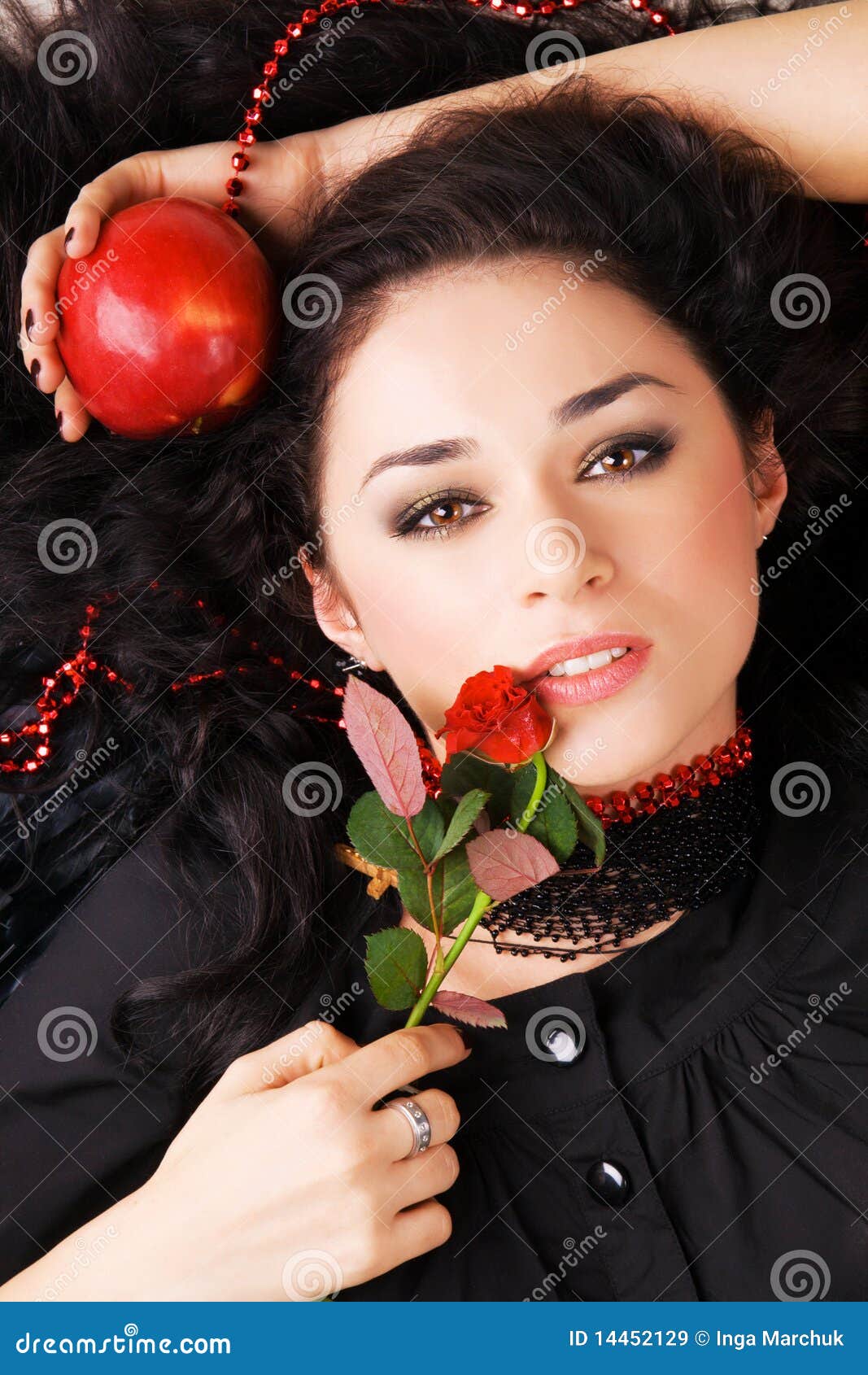 Beautiful Romantic Woman with a Red Apple and Rose Stock Image - Image ...