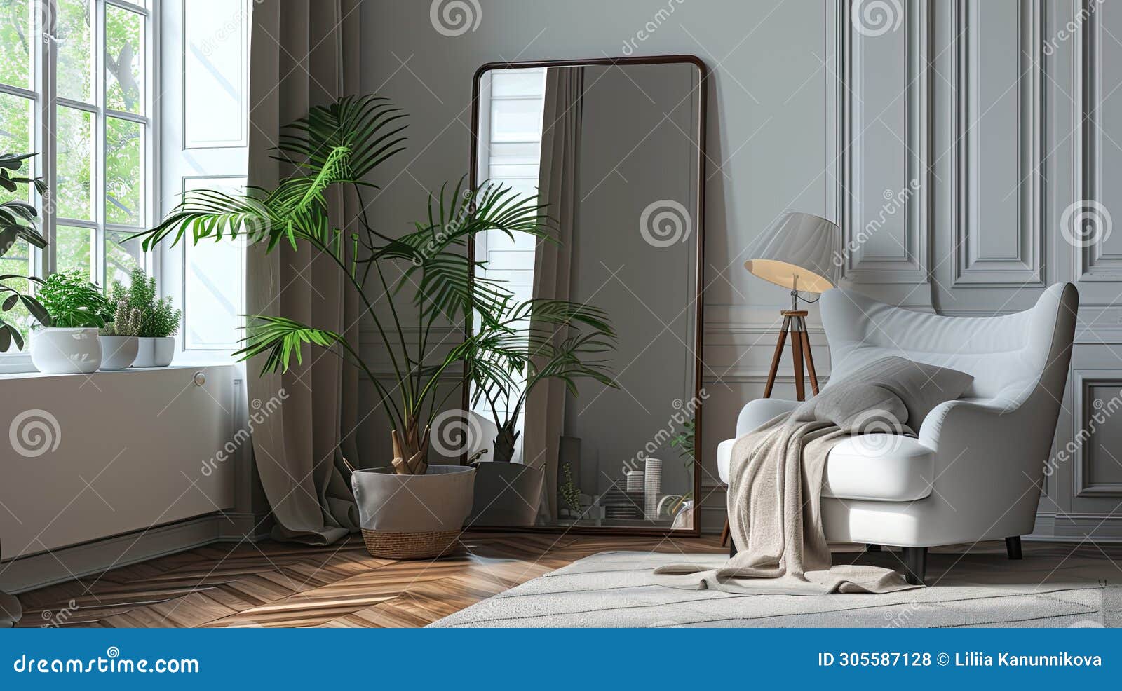 A Beautiful Room Interior Adorned with a Leaning Floor Mirror ...